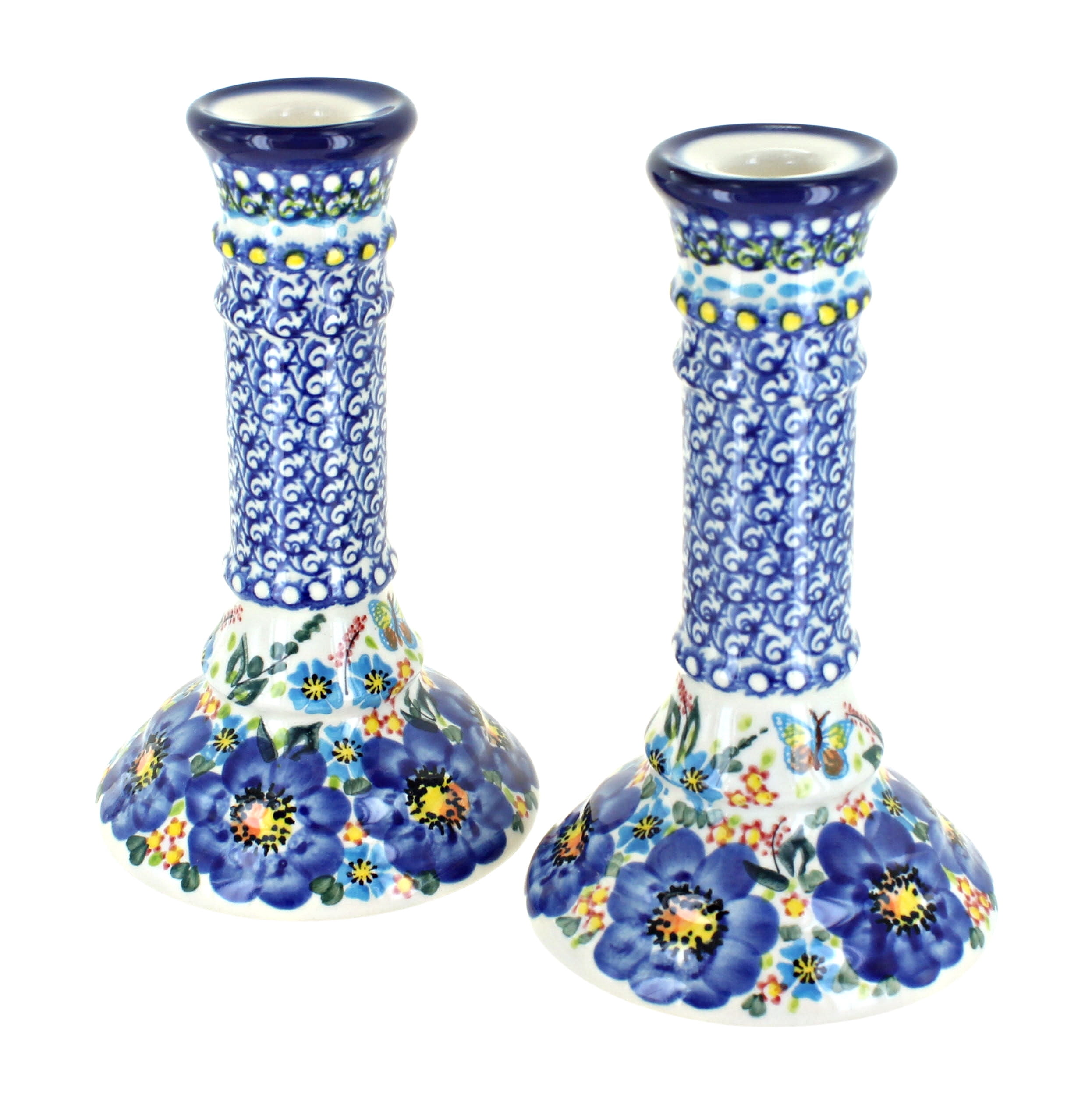 Blue Rose Polish Pottery Garden of Blue Candlestick Pair - Walmart.com