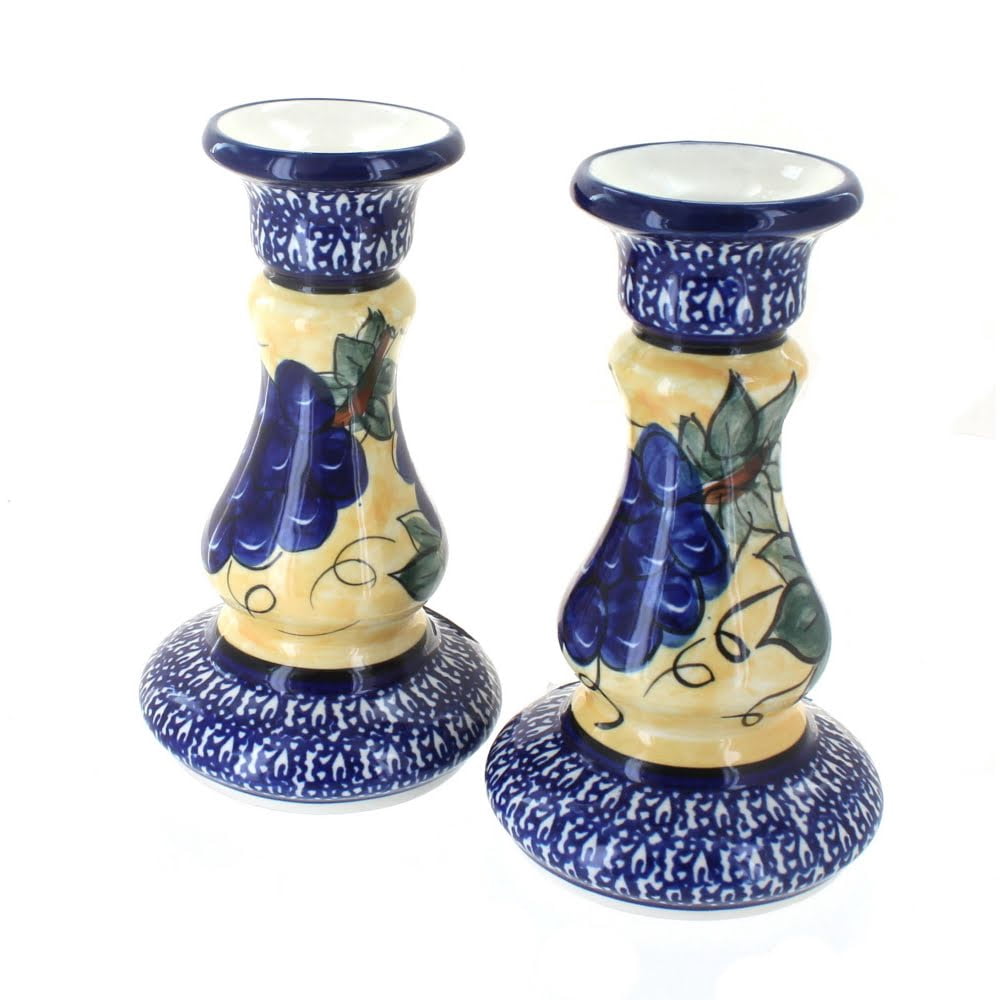 Blue Rose Polish Pottery Grapes Candlestick Pair with Cobalt Trim ...