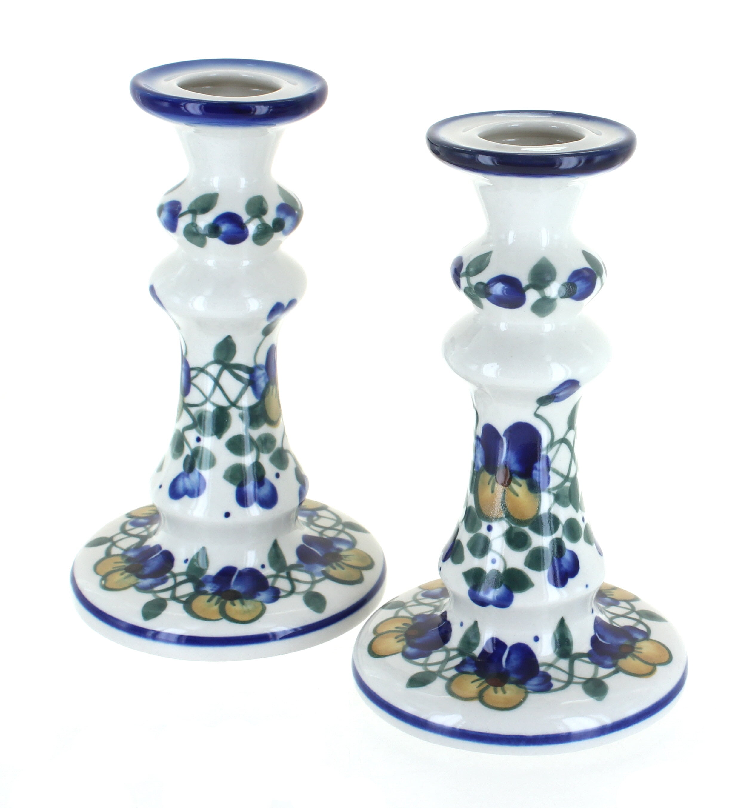 Blue Rose Polish Pottery Pansies Tall Candlestick Pair - Walmart.com