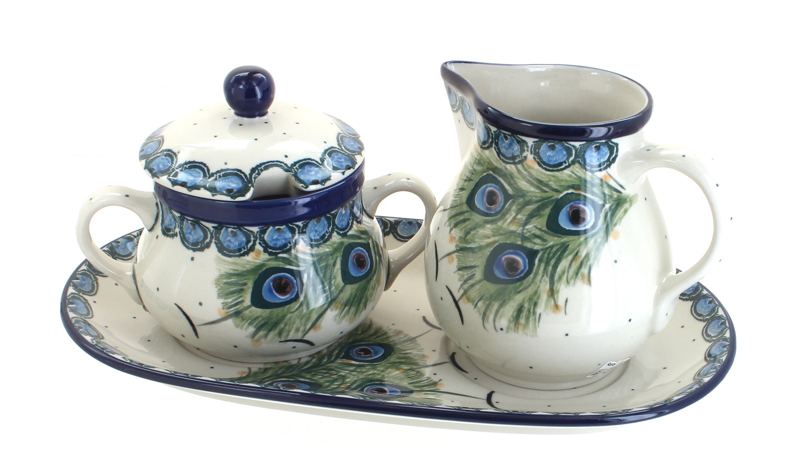 Blue Rose Polish Pottery Peacock Feather Large Cream & Sugar Set with ...