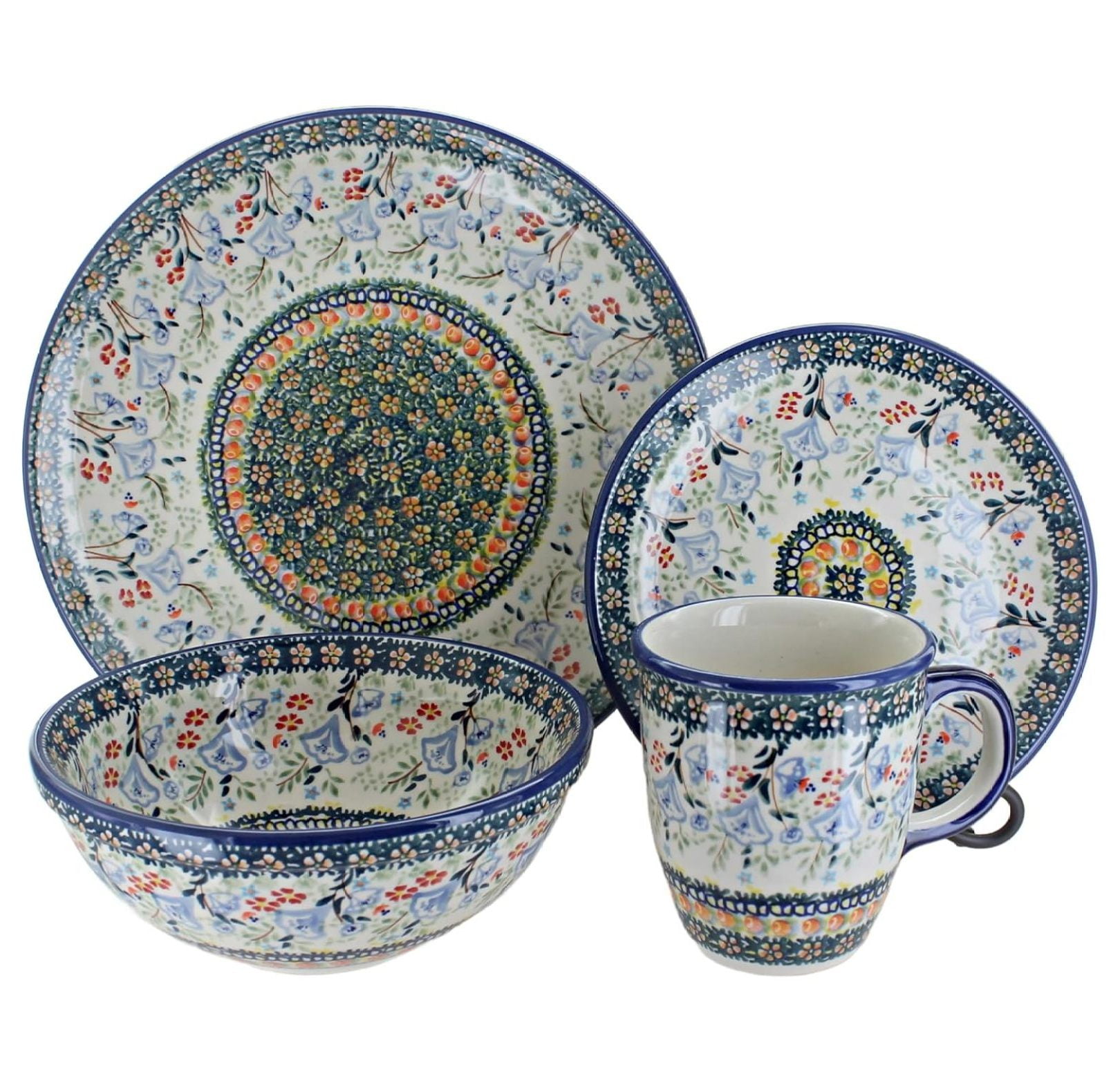 Blue Rose Polish Pottery Periwinkle 4 Piece Place Setting - Service for ...