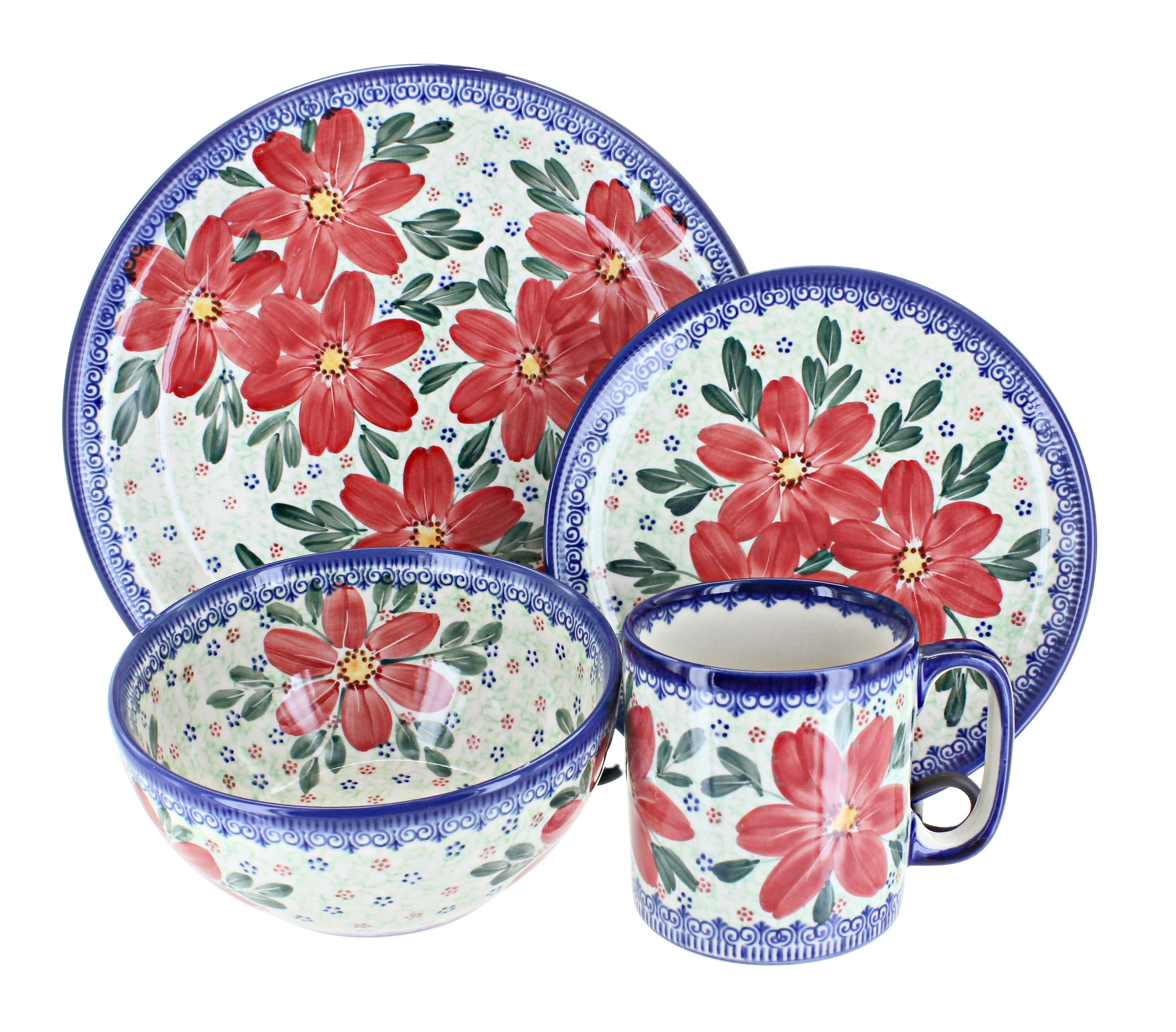 Blue Rose Polish Pottery Poinsettia 16 PC Dinnerware Set - Walmart.com