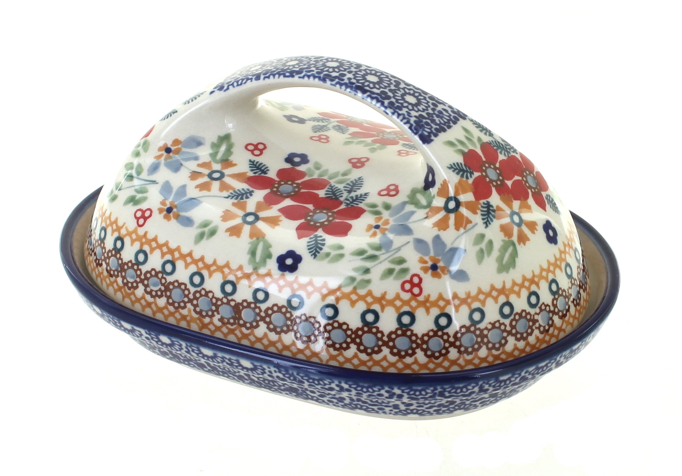 Blue Rose Polish Pottery Red Daisy Butter Dish with Handle - Walmart.com