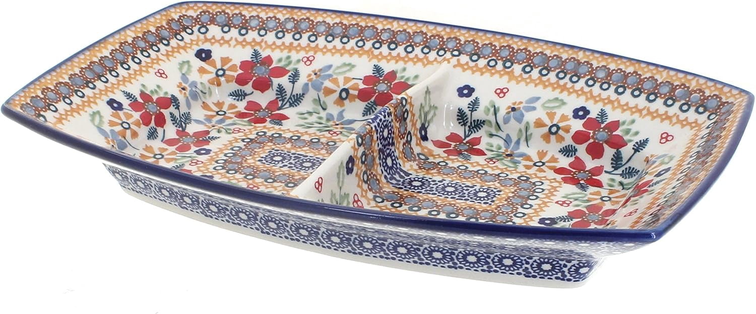 Blue Rose Polish Pottery Red Daisy Divided Dish - Walmart.com
