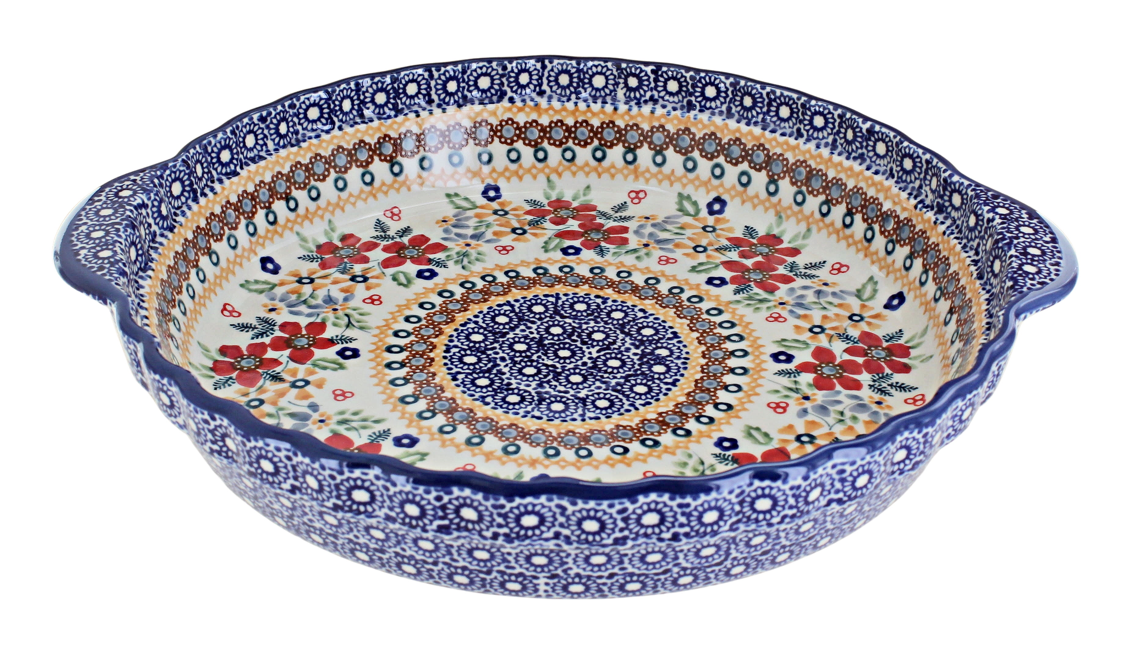 Blue Rose Polish Pottery Red Daisy Pie Plate with Handles - Walmart.com