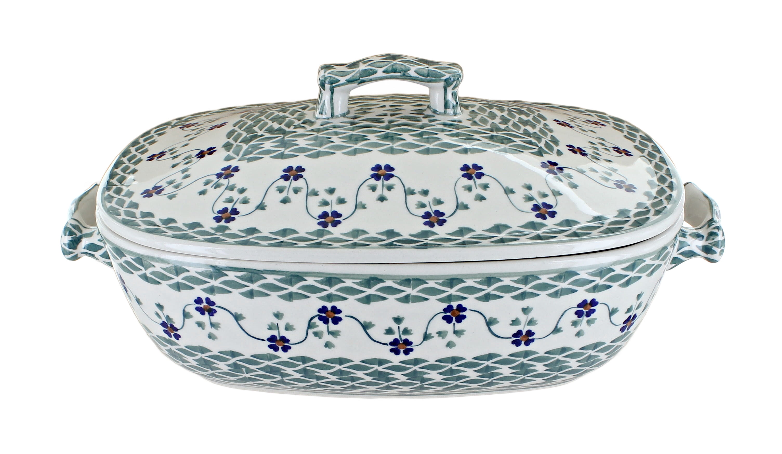 Blue Rose Polish Pottery Sage Floral Roaster with Lid - Walmart.com