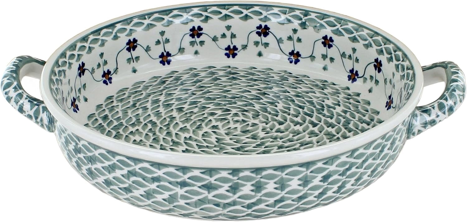Blue Rose Polish Pottery Sage Floral Small Round Baker with Handles ...