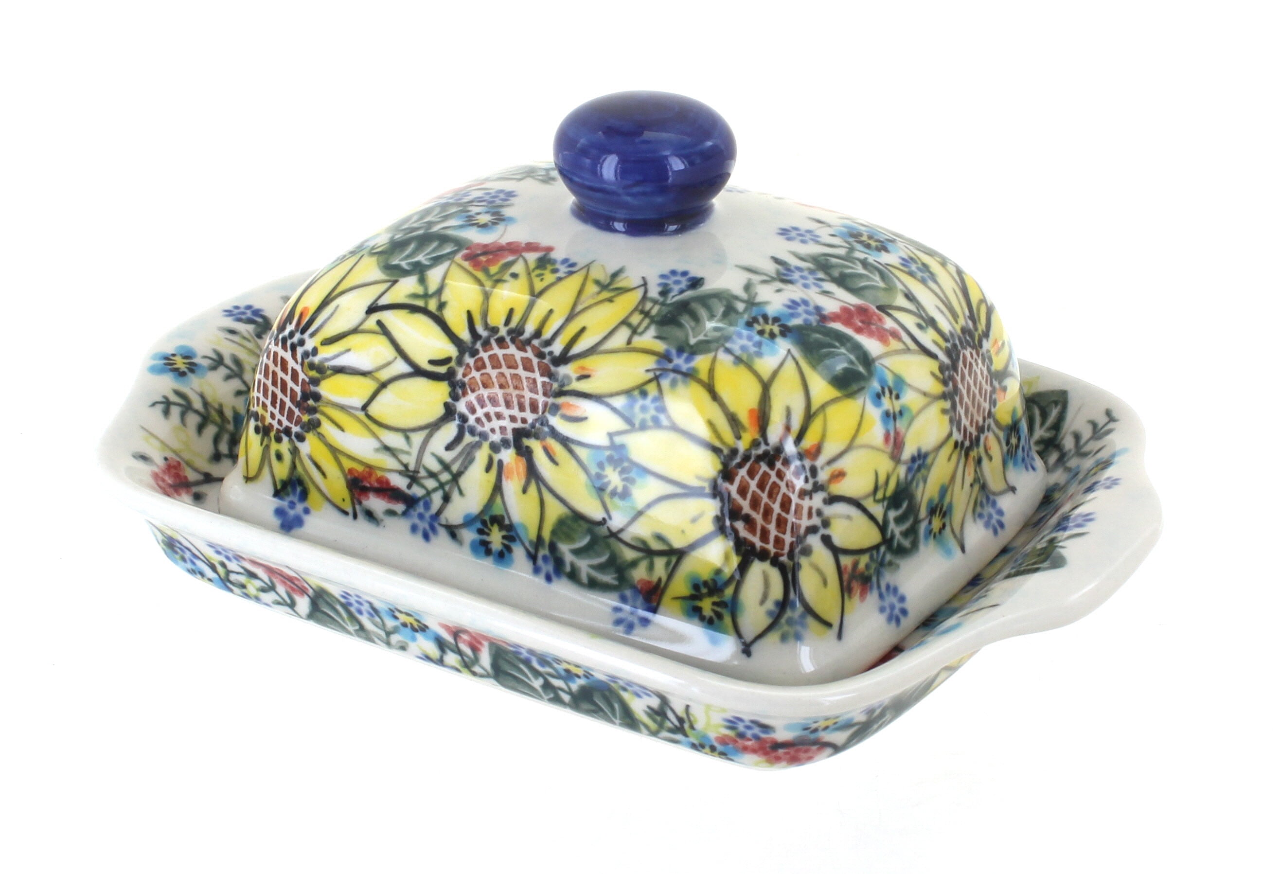 Blue Rose Polish Pottery Sunflower Maze Square Butter Dish - Walmart.com