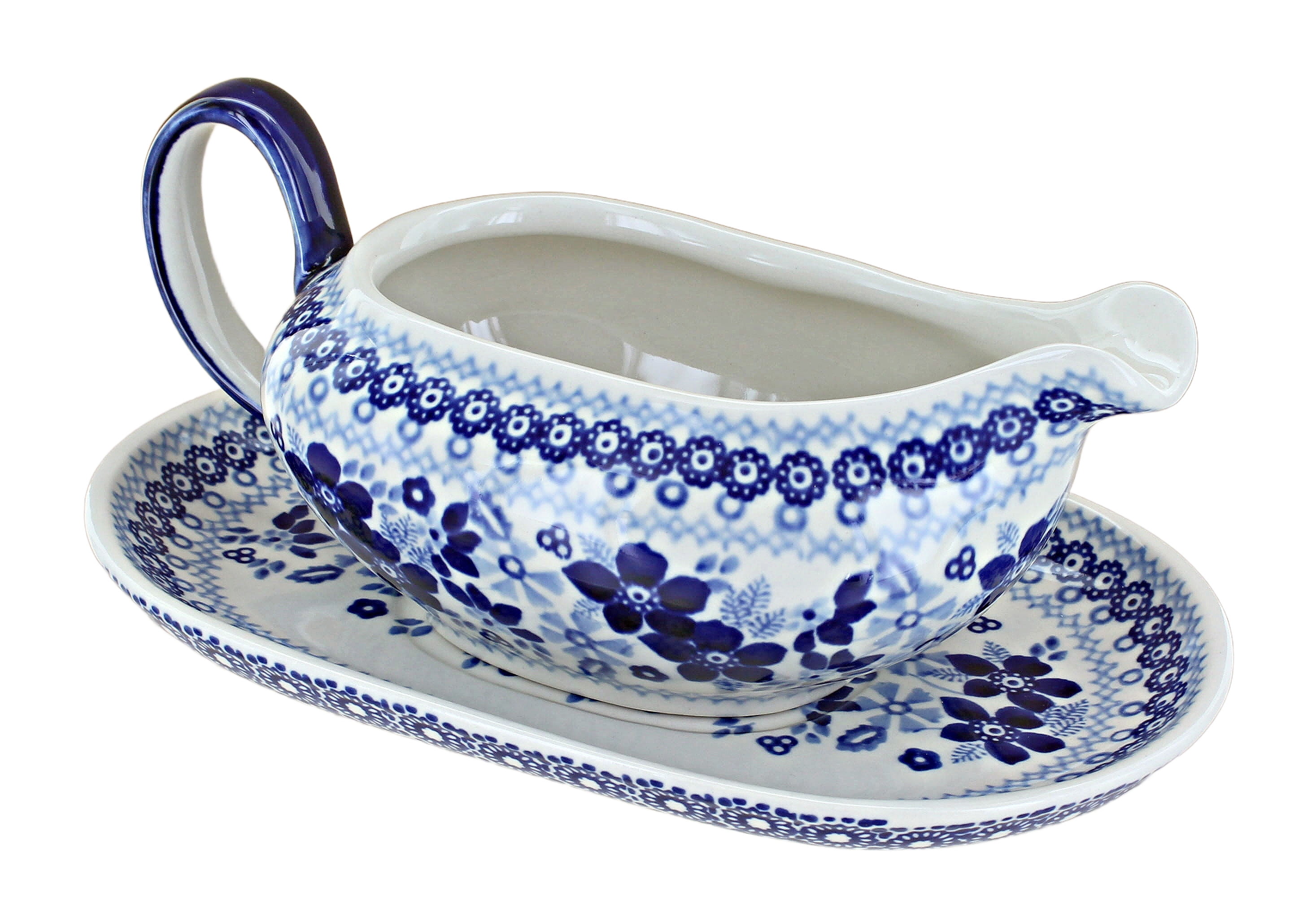 Blue Rose Polish Pottery Vintage Blue Daisy Gravy Boat & Plate ...