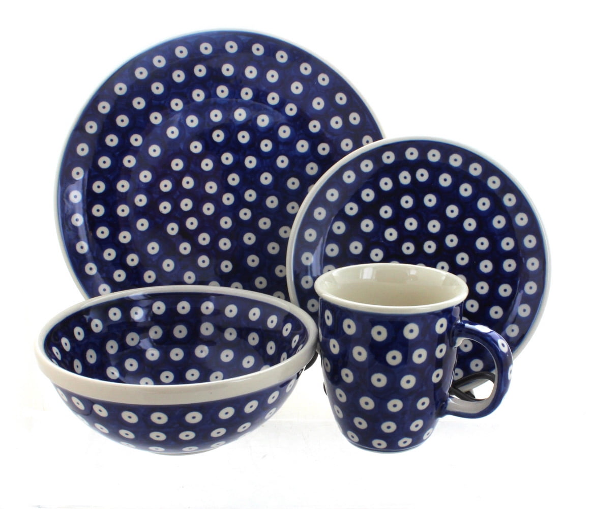 Blue Rose Pottery Dots Dinner Set, Blue/White, Stoneware, 19.2 lb, 16 ...