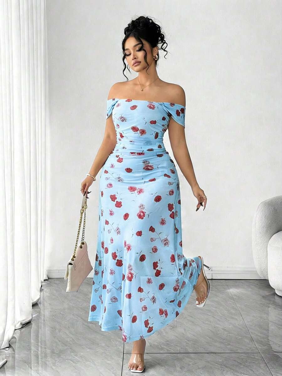 Blue Rose Print Off-Shoulder Maxi Dress With Cinched Waist And Ruched ...