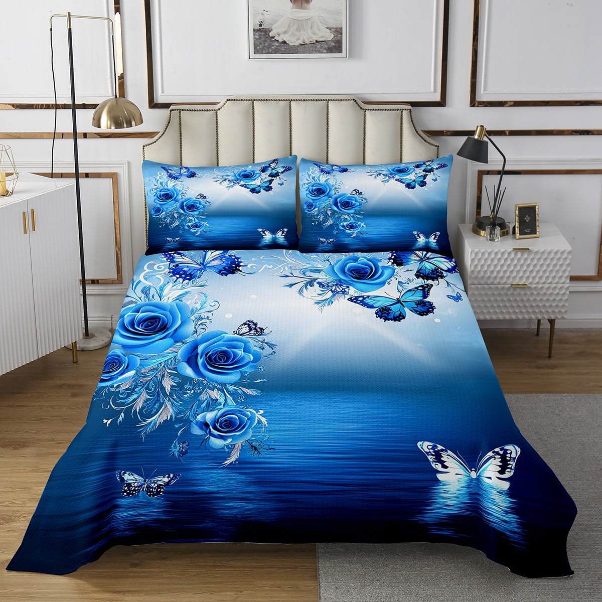 Blue Rose Quilt Set for Girls Kids Dreamy Butterfly Bedspread King Blue ...