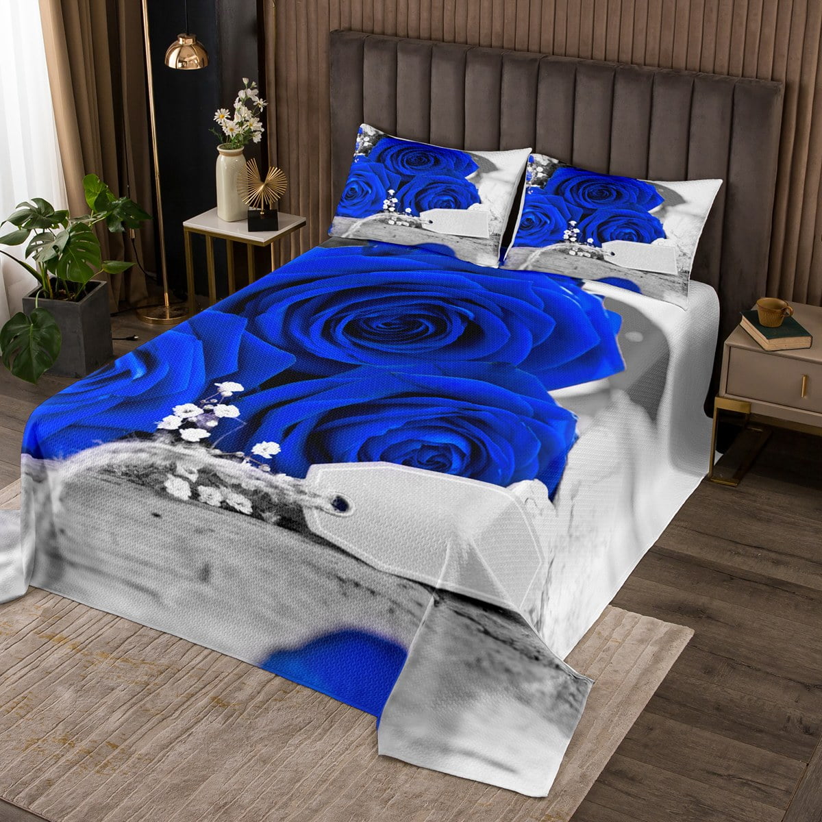 Blue Rose Quilt Set Twin, Romantic 3D Floral Bedspread Set for Kids ...