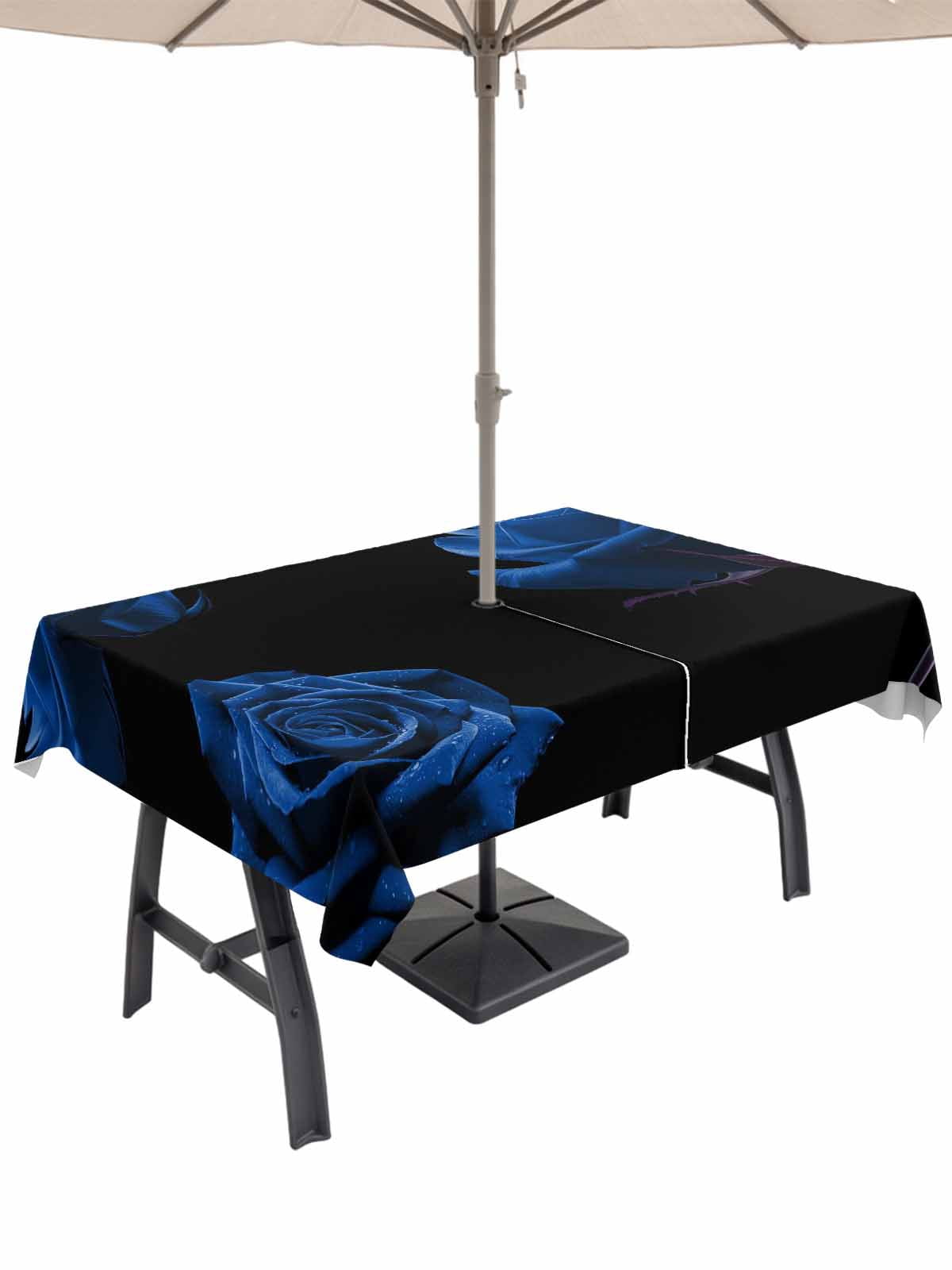 Blue Rose Rectangle Outdoor Tablecloth with Umbrella Hole Vintage ...