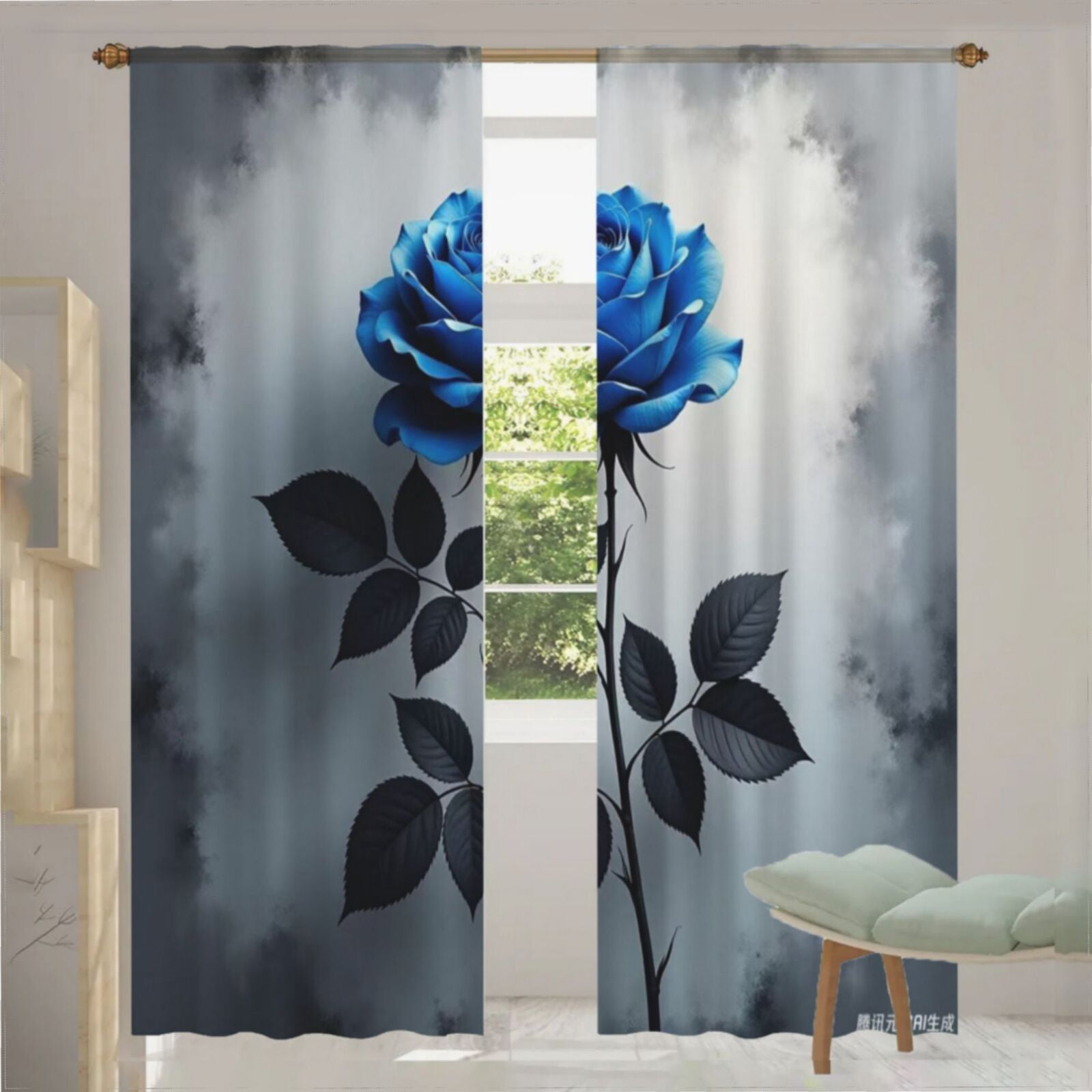 Blue Rose Romantic Print Voile Sheer Curtains Living Room Window ...