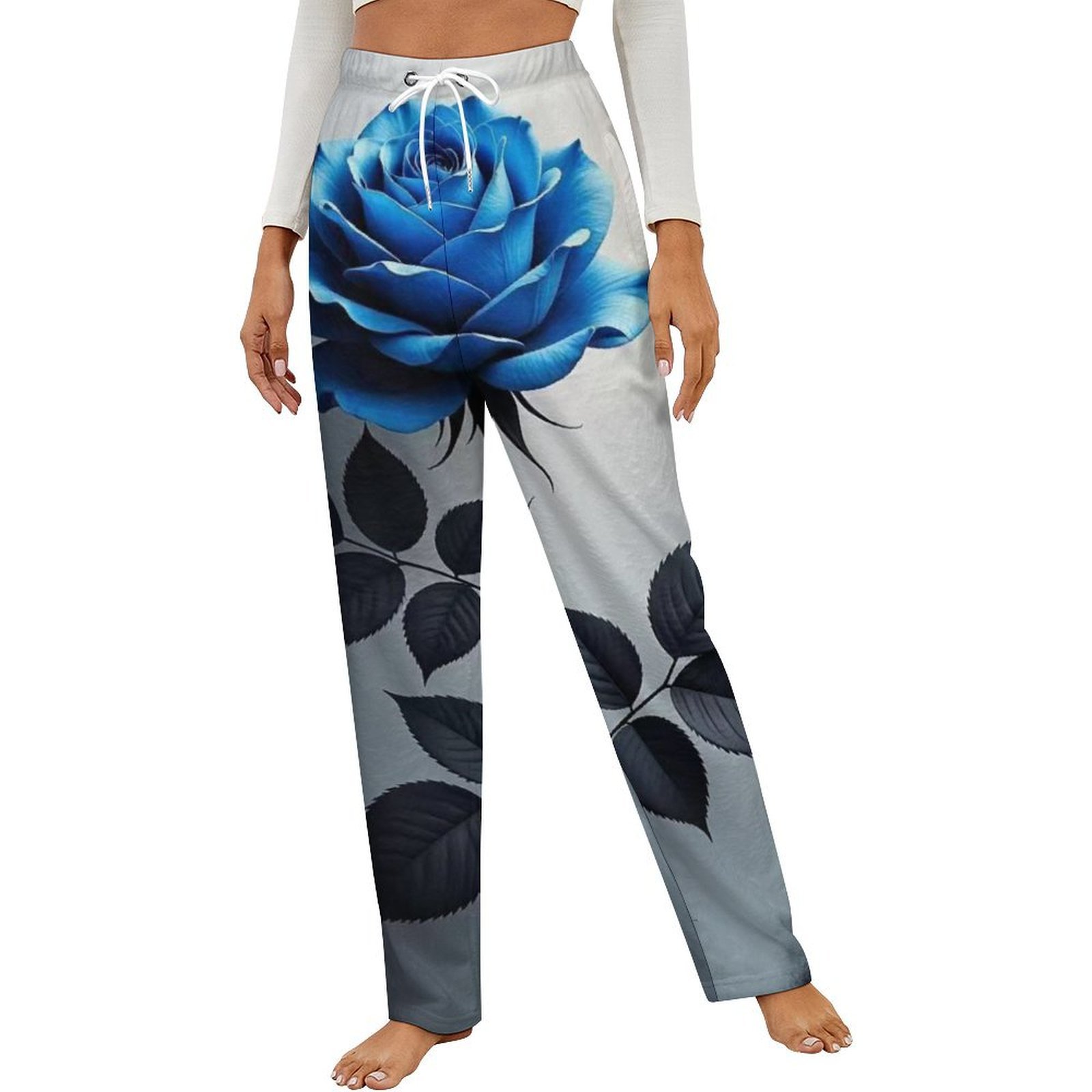 Blue Rose Romantic Print Winter Female Pants Flannel High Waist Women ...