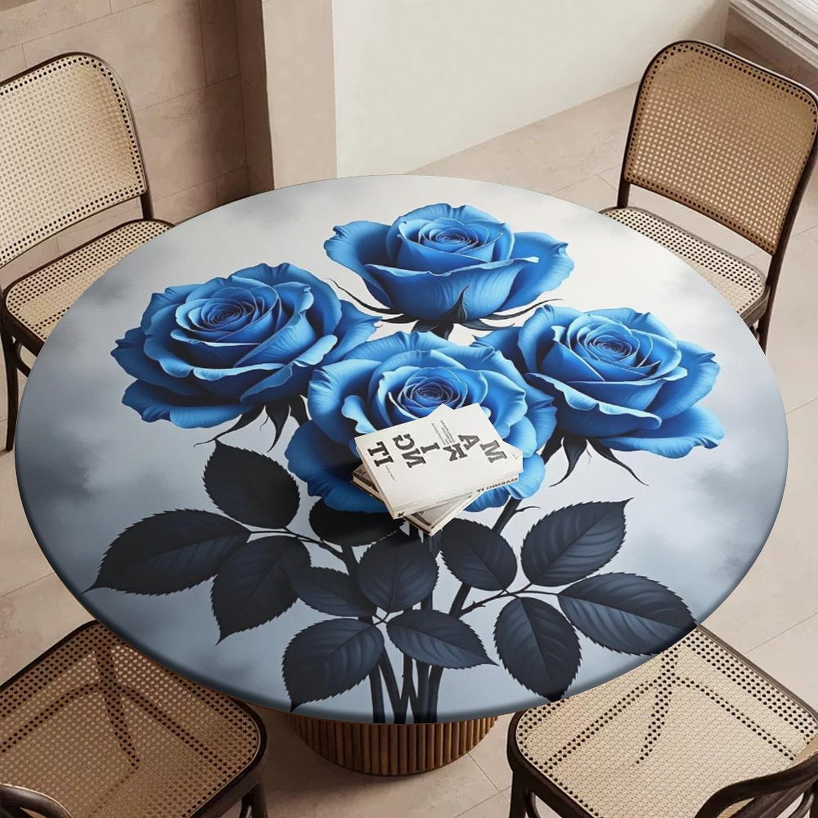 Blue Rose Round Table Cover Kitchen Printed Waterproof Tablecloth ...