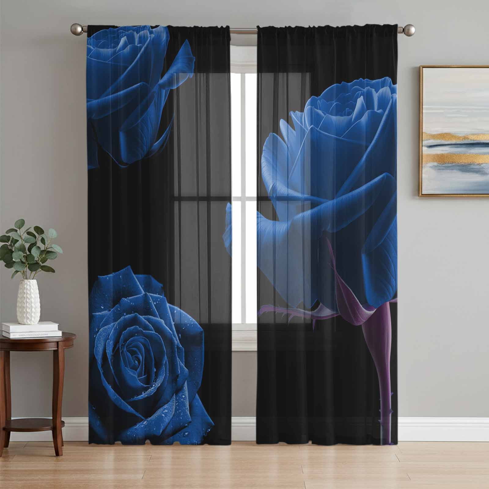 Blue Rose Semi Sheer Curtains 72 Inch Length 2 Panels Set, Vintage ...