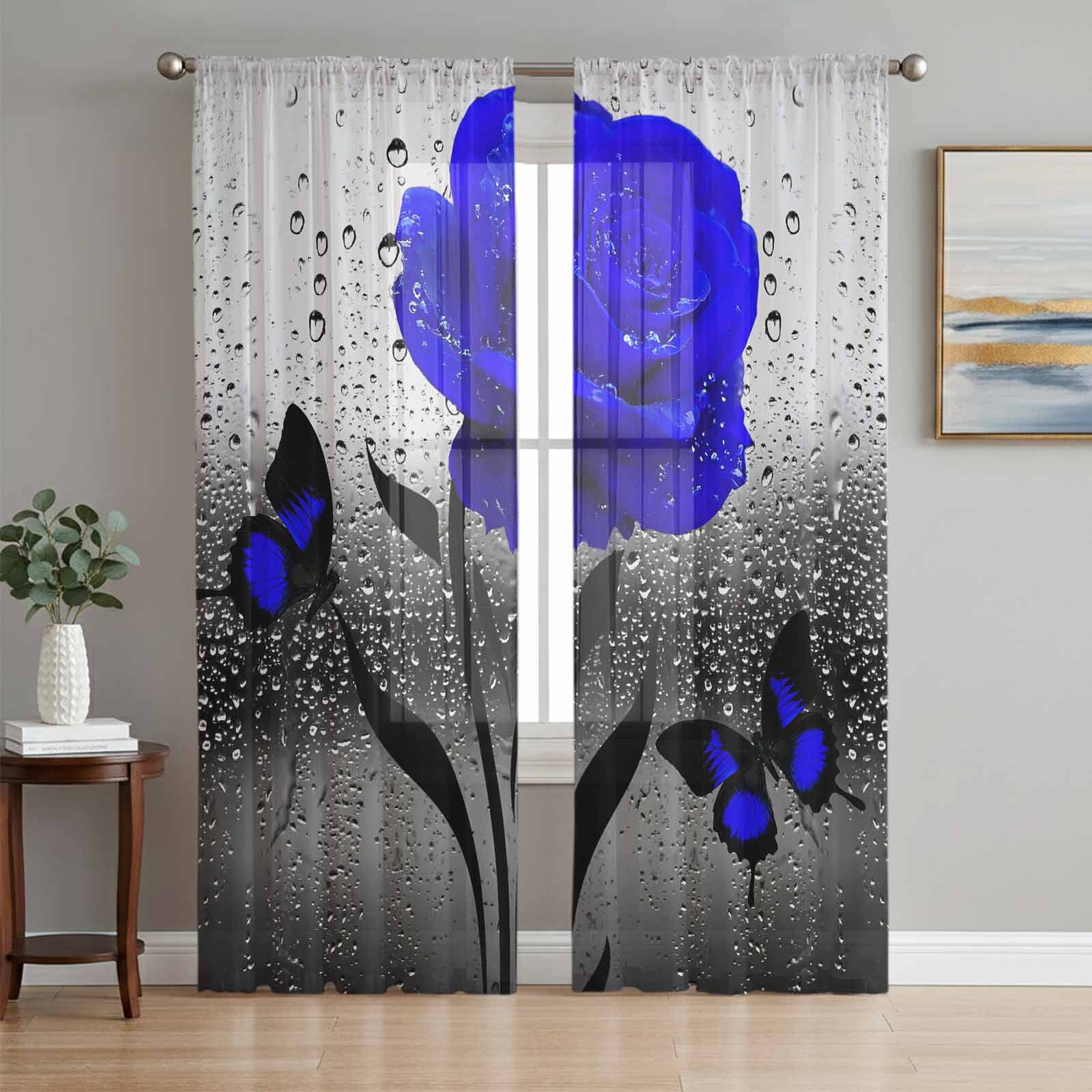 Blue Rose Sheer Curtains 84 Inch Length 2 Panels Set, Flower Raindrops ...