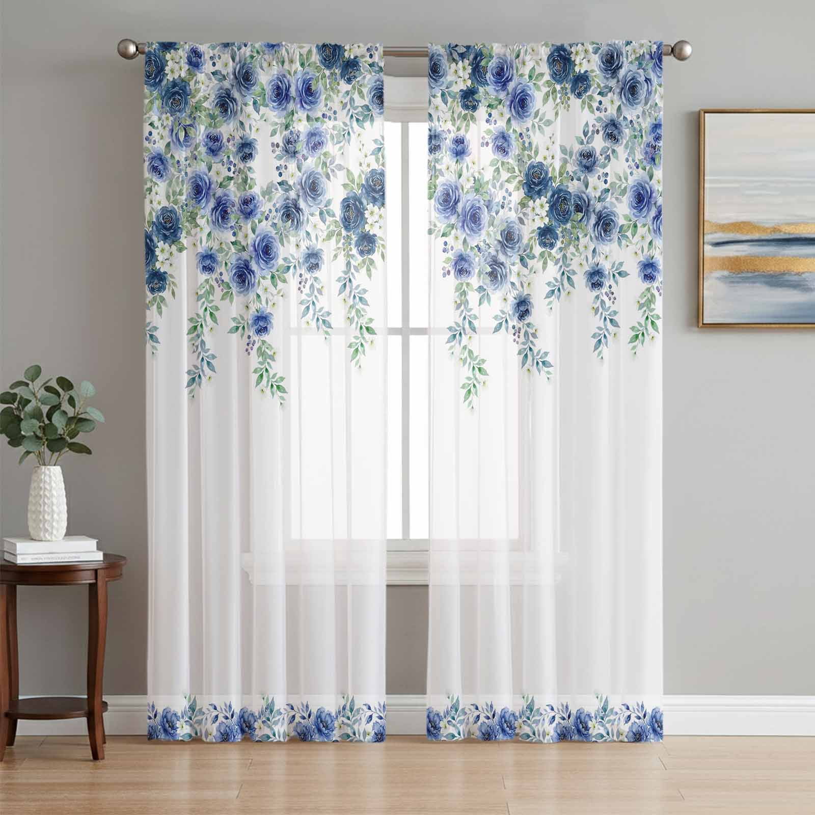 Blue Rose Sheer Curtains for Living Room Bedroom, Country Blue Flower ...