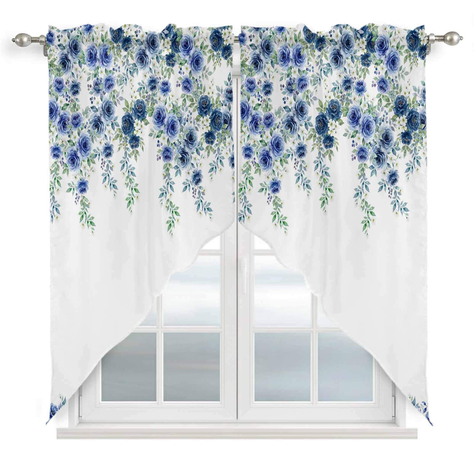 Blue Rose Swag Curtain Valance for Window 2 Panels Country Blue Flower ...