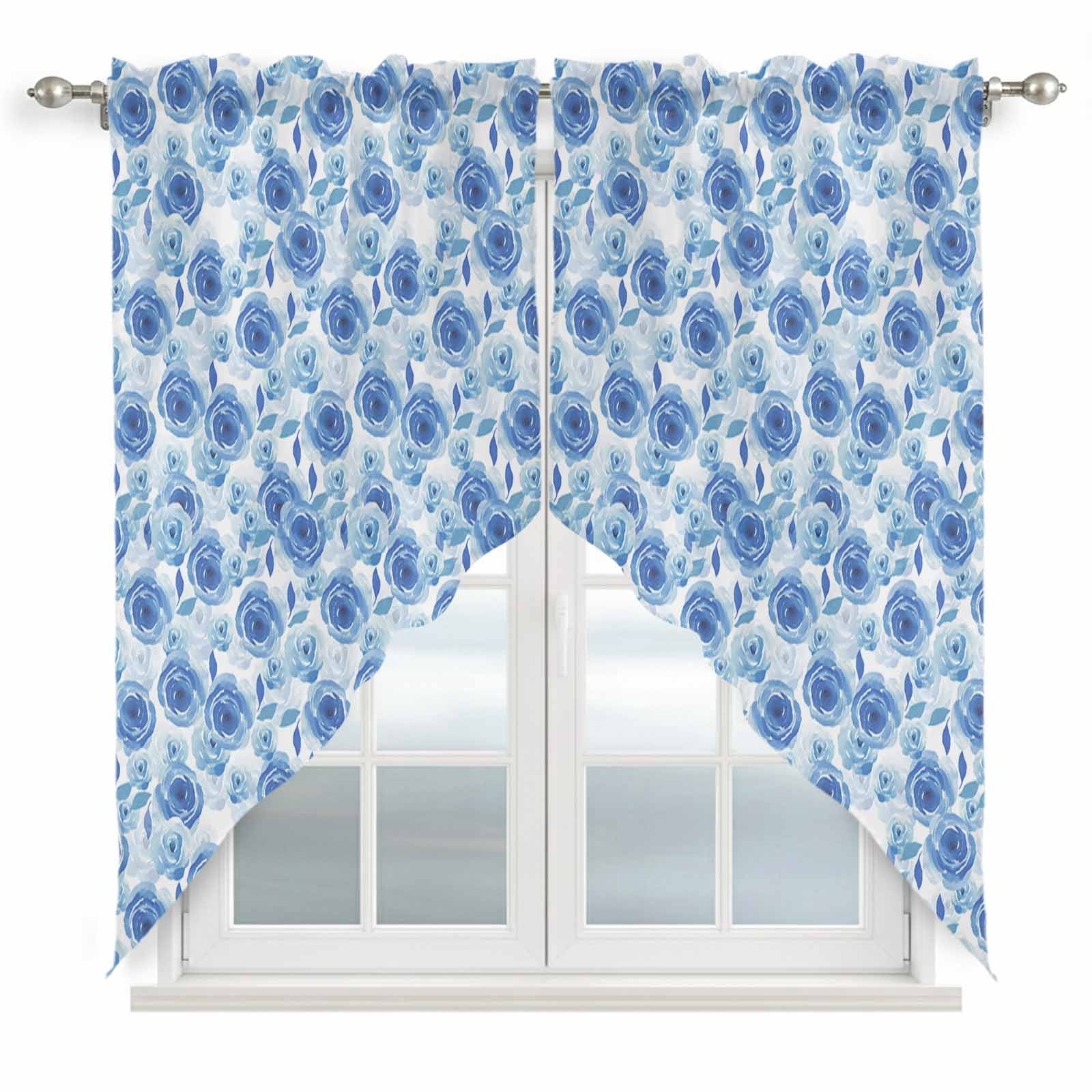 Blue Rose Swag Curtain Valance for Window 2 Panels Spring Watercolor ...