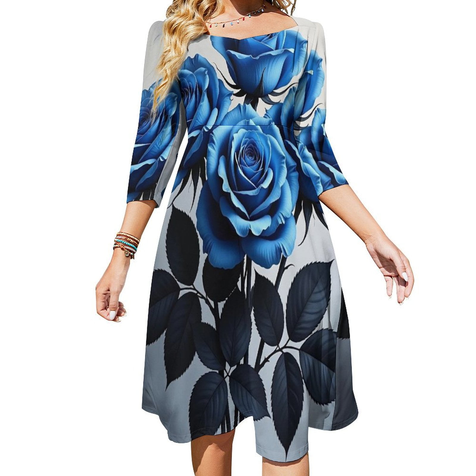 Blue Rose Sweetheart Knot Flared Dress Fashion Design Large Size Loose ...