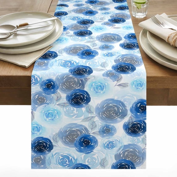 Blue Rose Table Runner 13x36 inch Spring Flowers Garden Cotton Linen ...