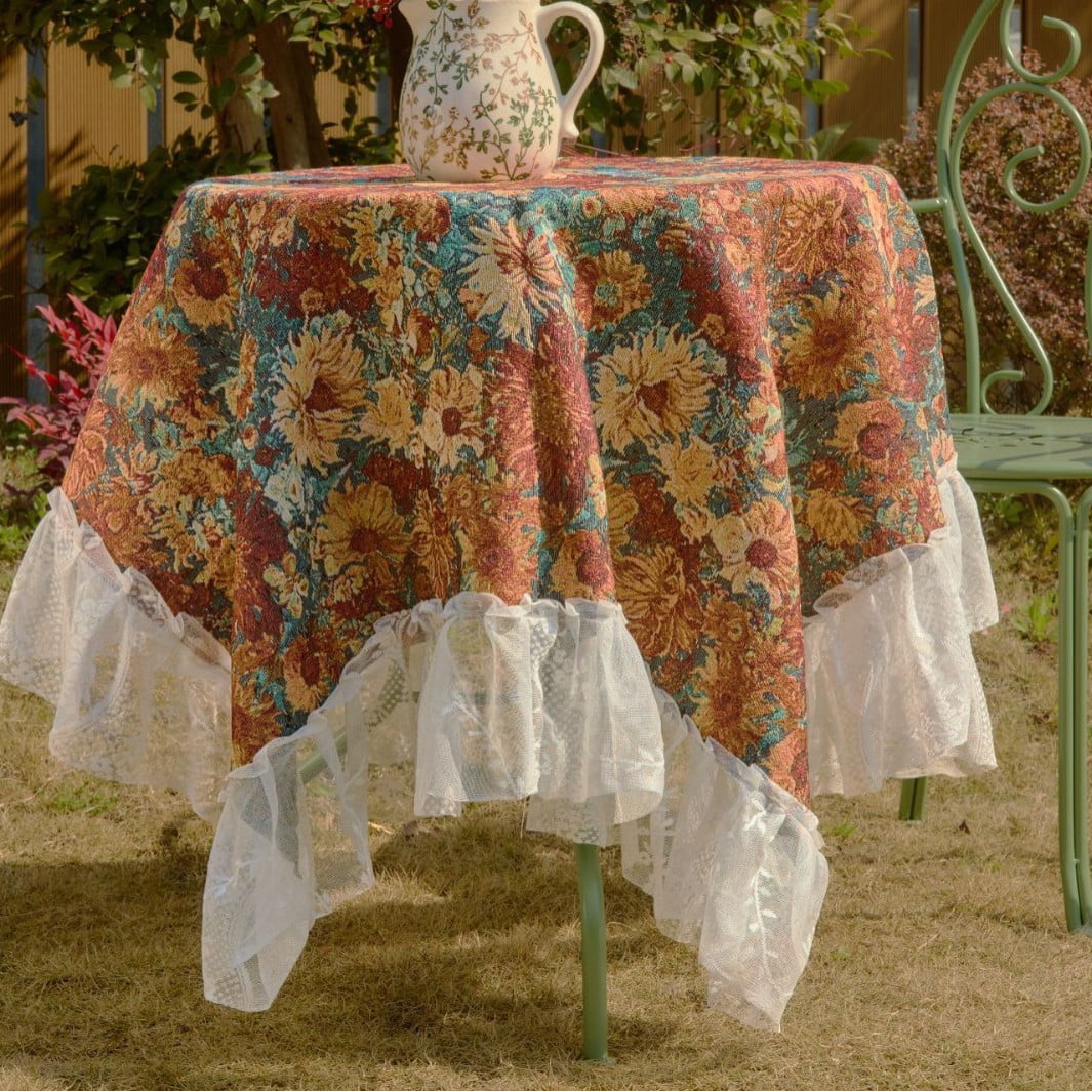 Blue Rose Tablecloth - Cotton Linen Blend with Delicate Lace Trim ...