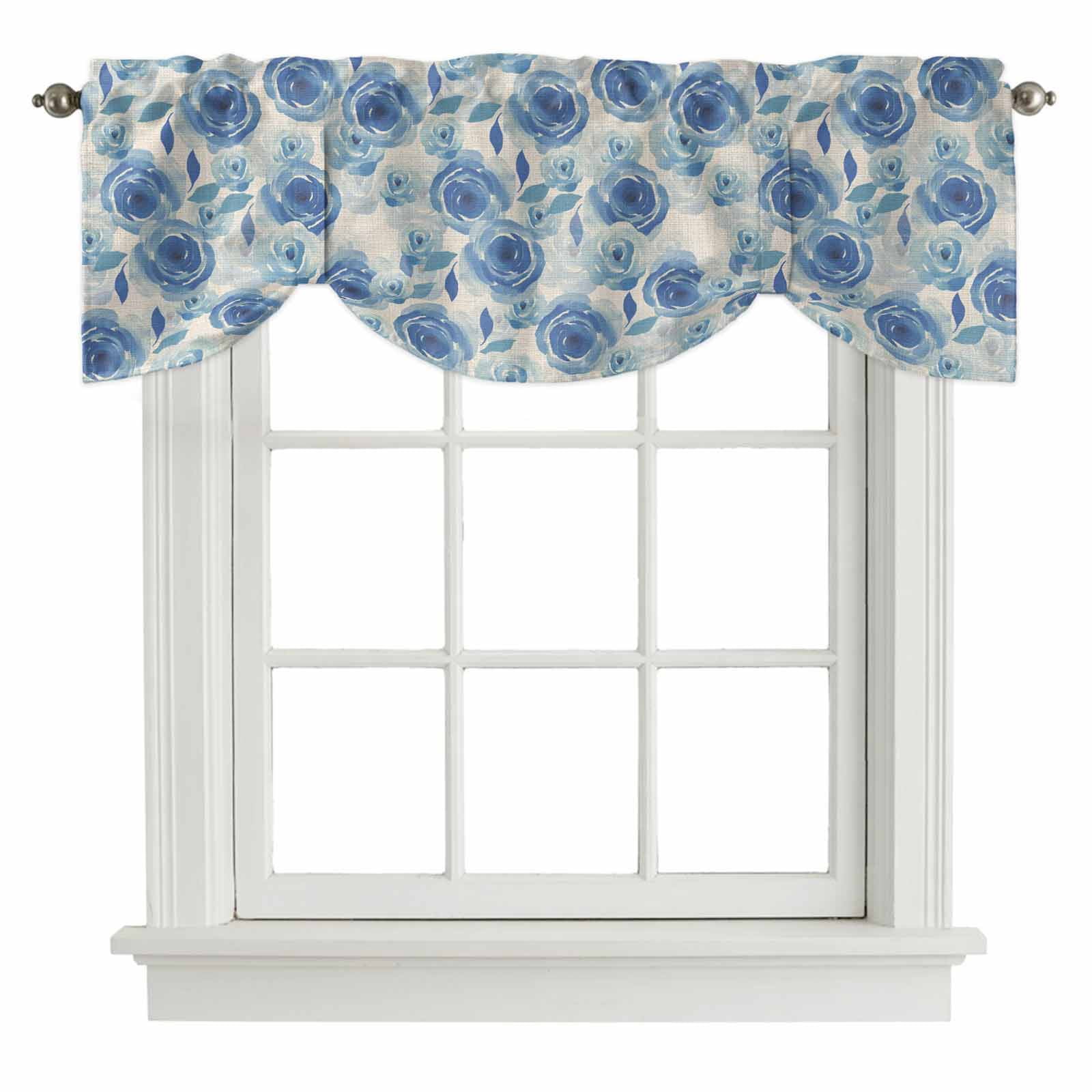 Blue Rose Tie Up Valance for Windows, Spring Watercolor Flowers ...