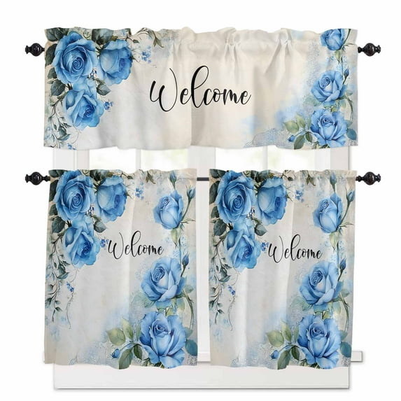 Blue Rose Welcome Text Kitchen Curtains Valance and Tier Set Spring ...