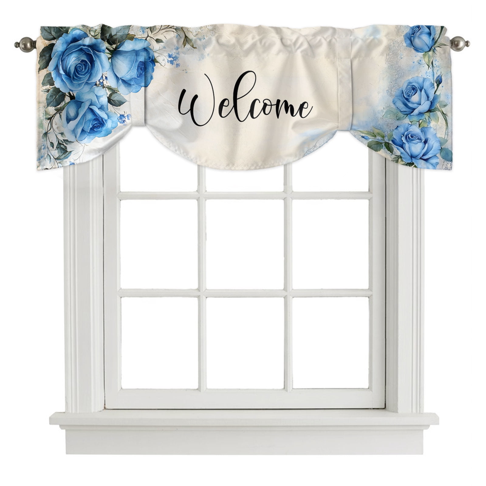Blue Rose Welcome Text Tie Up Valance Curtains Spring Summer Floral ...