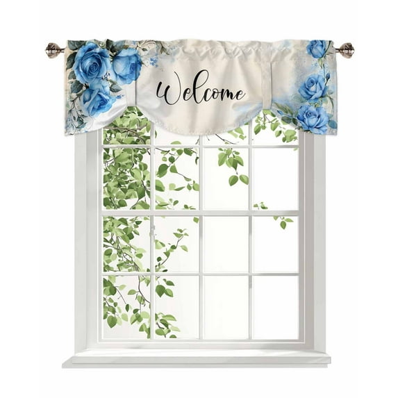 Blue Rose Welcome Text Tie Up Valances Curtain, Spring Summer Floral ...