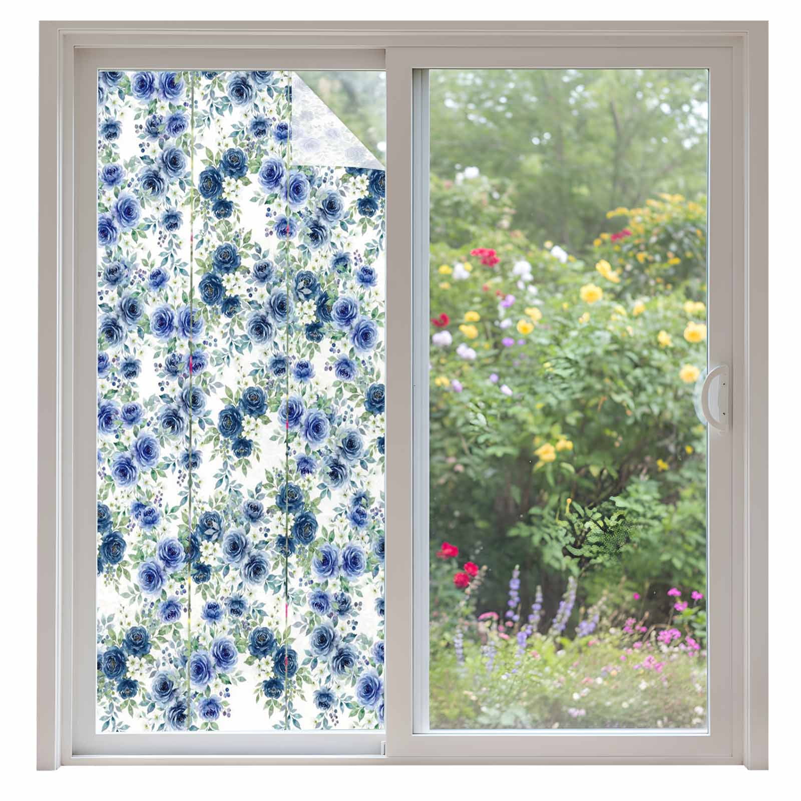 Blue Rose Window Privacy Film, Country Blue Flower Floral Green Vine ...