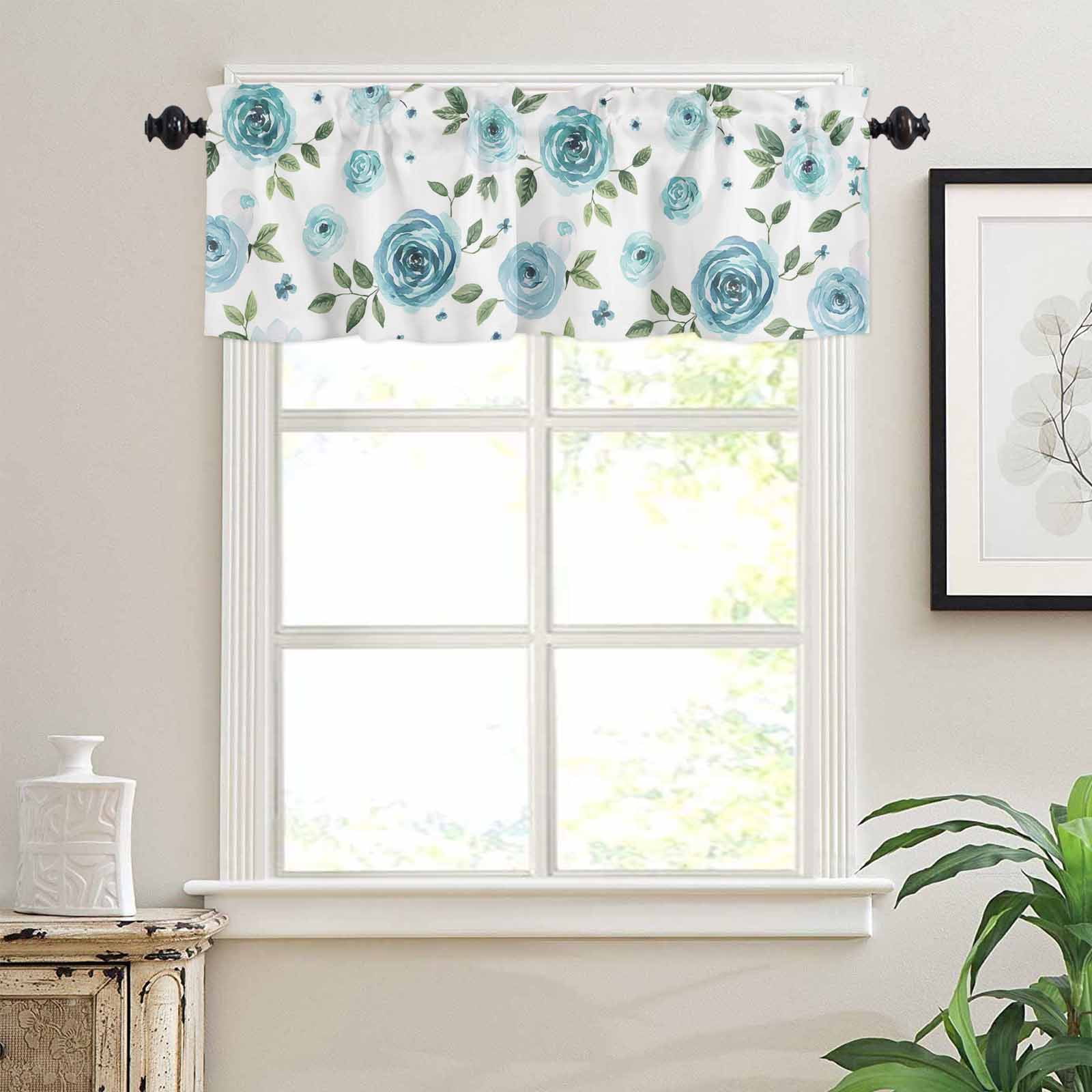 Blue Rose Window Valances for Kitchen, Flower with Leaf Farm Vintage ...