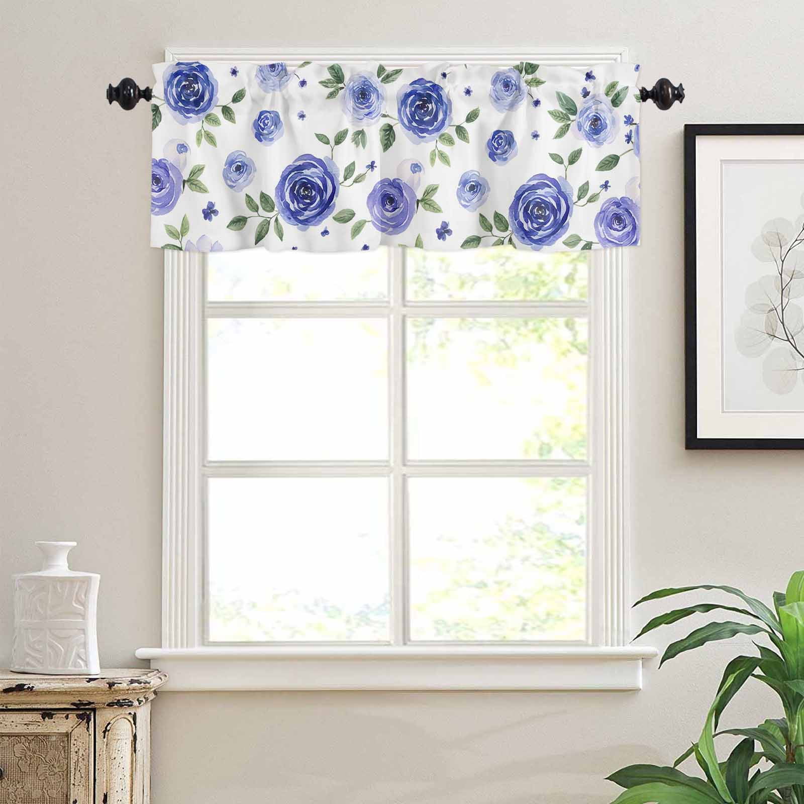 Blue Rose Window Valances for Kitchen, Flower with Leaf Farmhouse ...