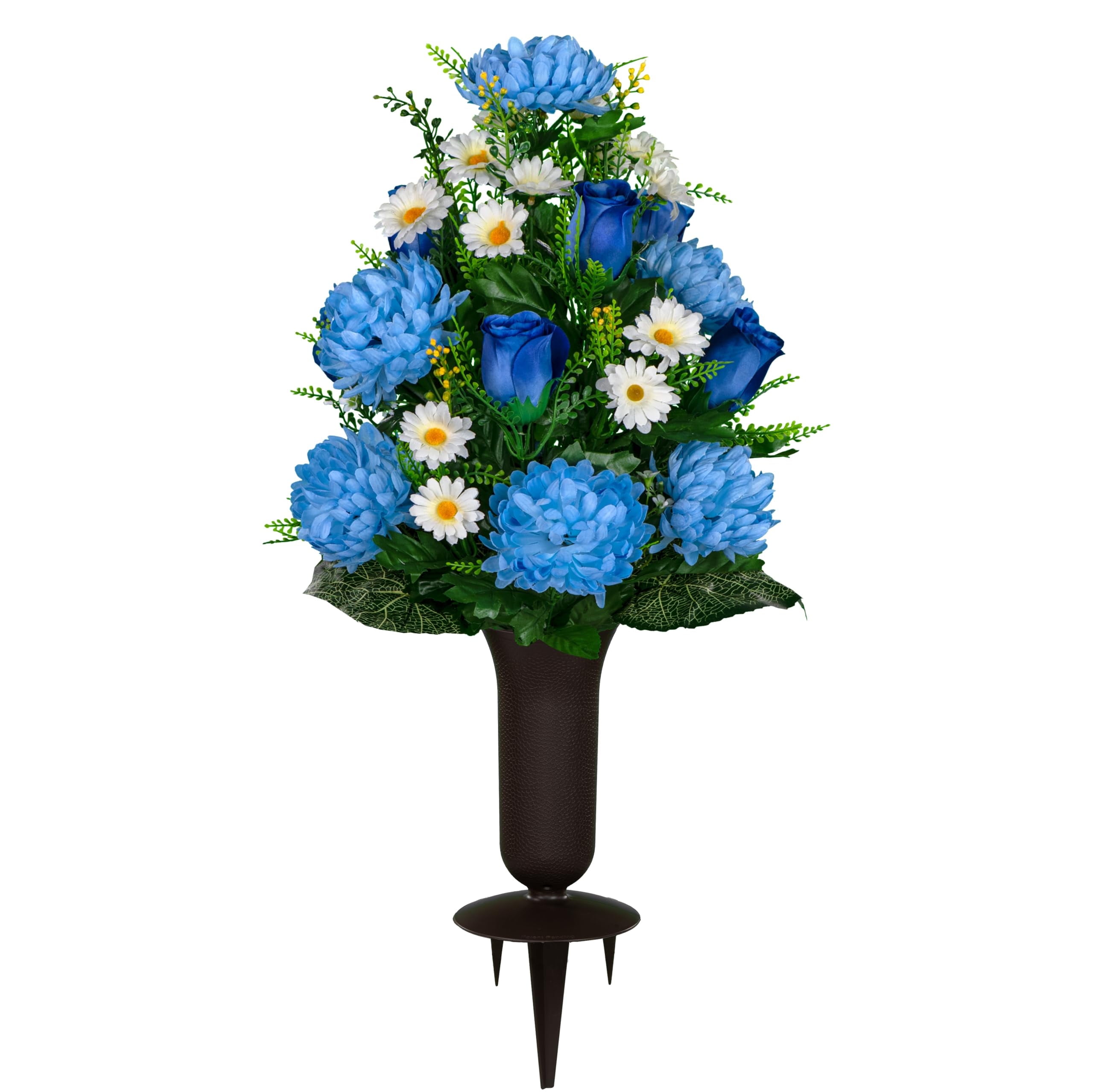 Blue Rose and Light Blue Mum Artificial Flowers for Cemeteries, 23 Inch ...