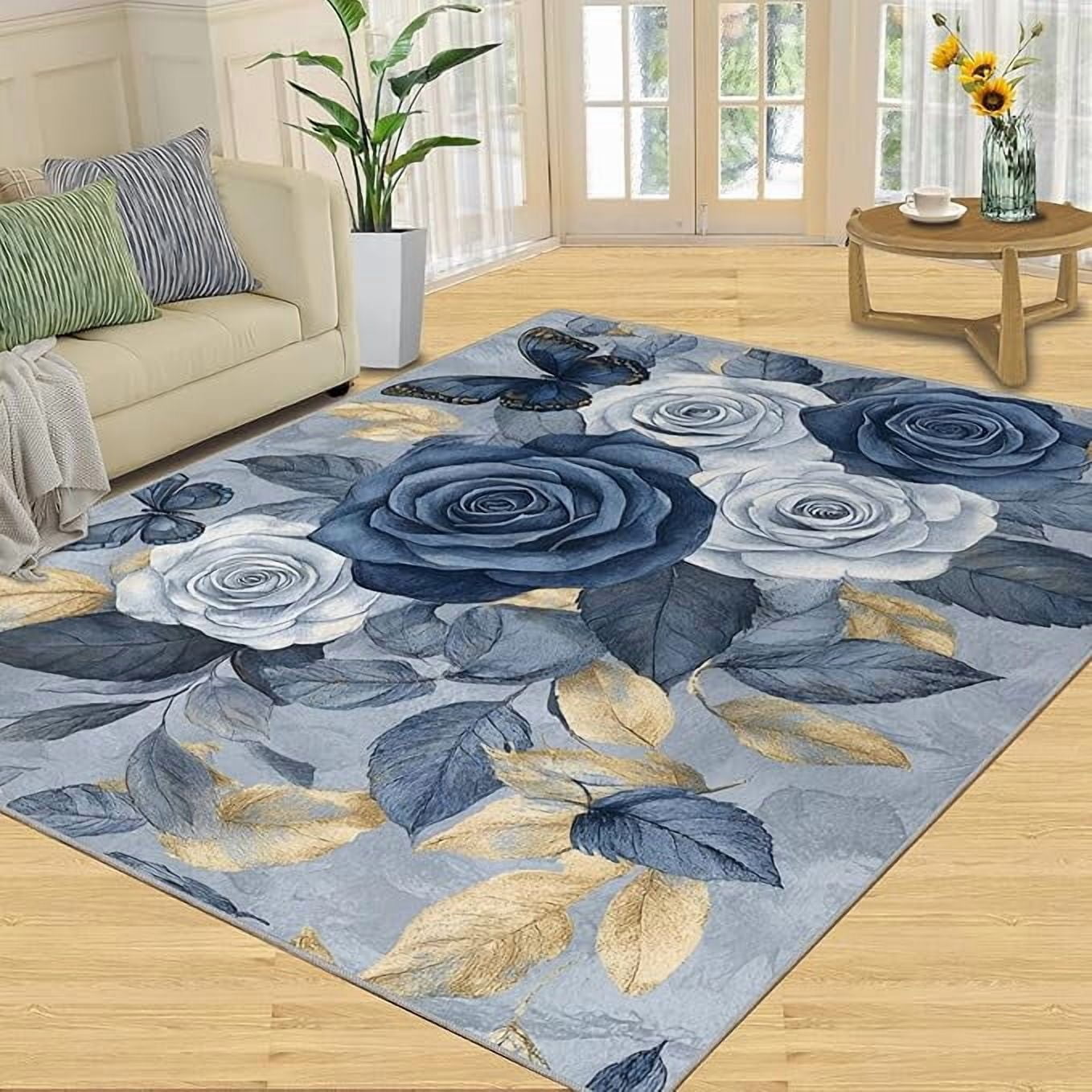 Blue Roses Area Rug Washable Rug Plant Butterflies Rugs for Living Room ...