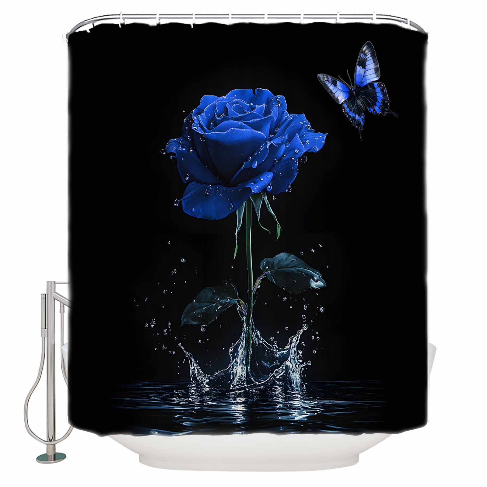Blue Roses Bathroom Shower Curtains with 12 Hooks Polyester Waterproof ...