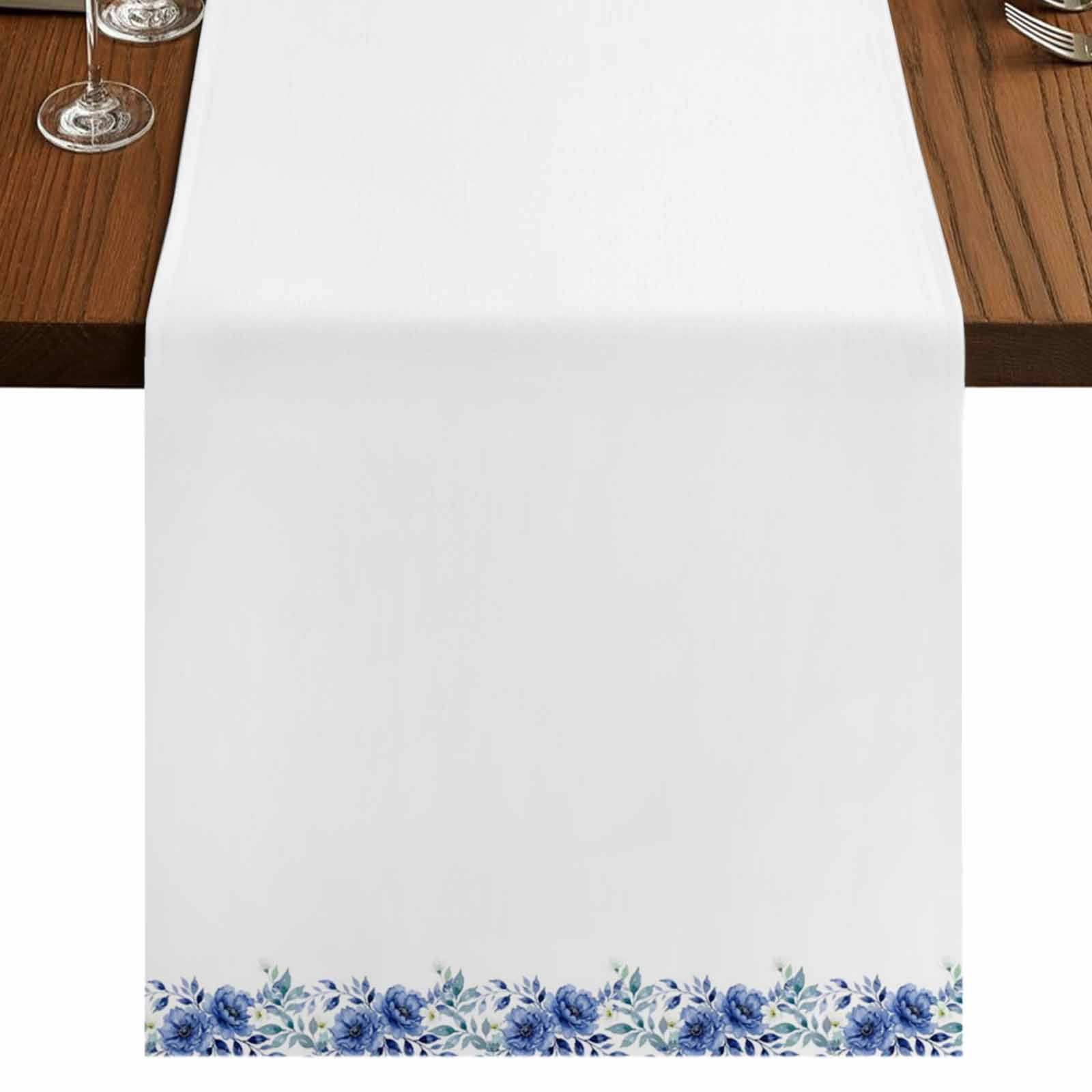 Blue Roses Burlap Cotton Table Runner 13x70 Inches Long, Spring Floral ...