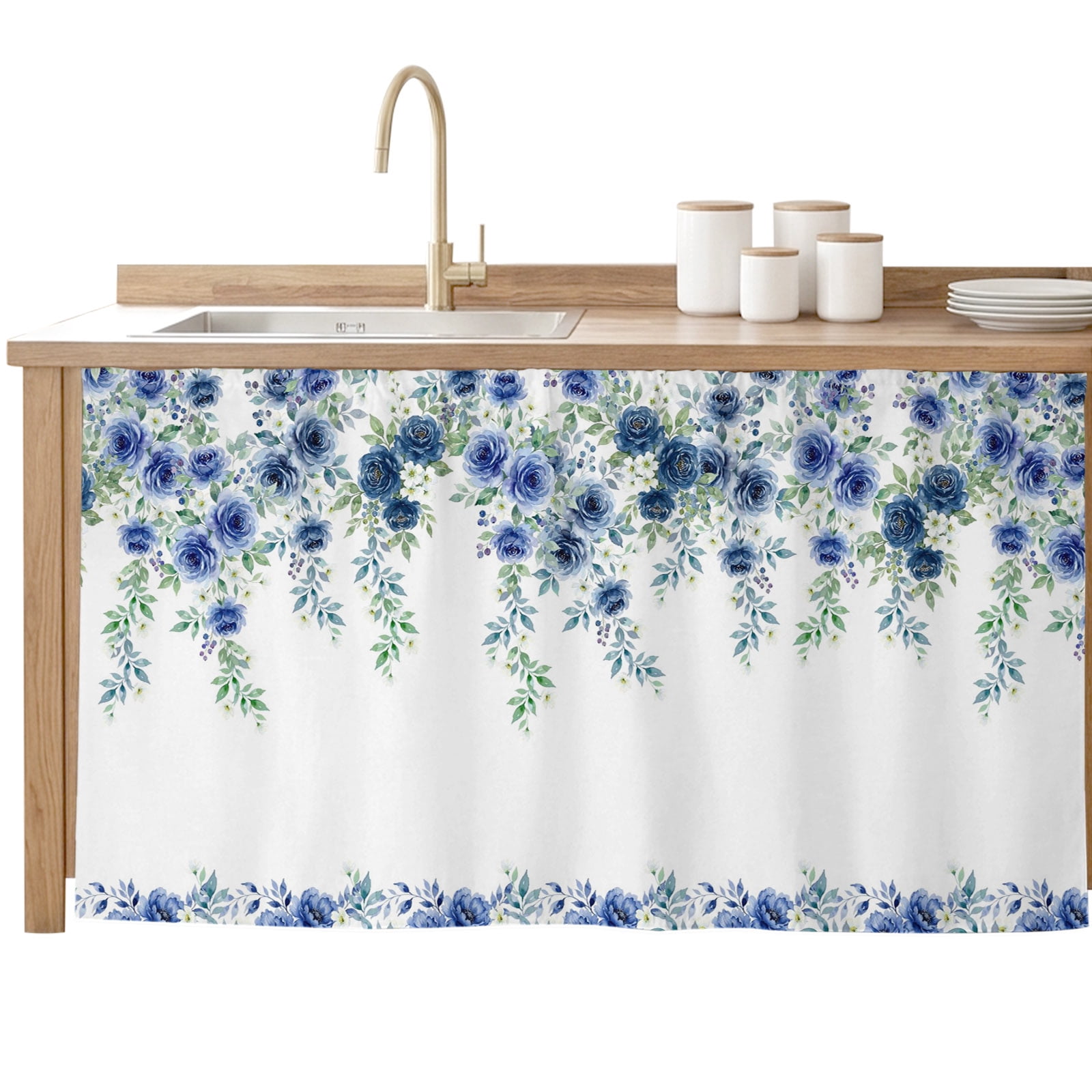Blue Roses Cabinet Curtains 32"W x 55"L,Dustproof Sink Skirt Curtain ...