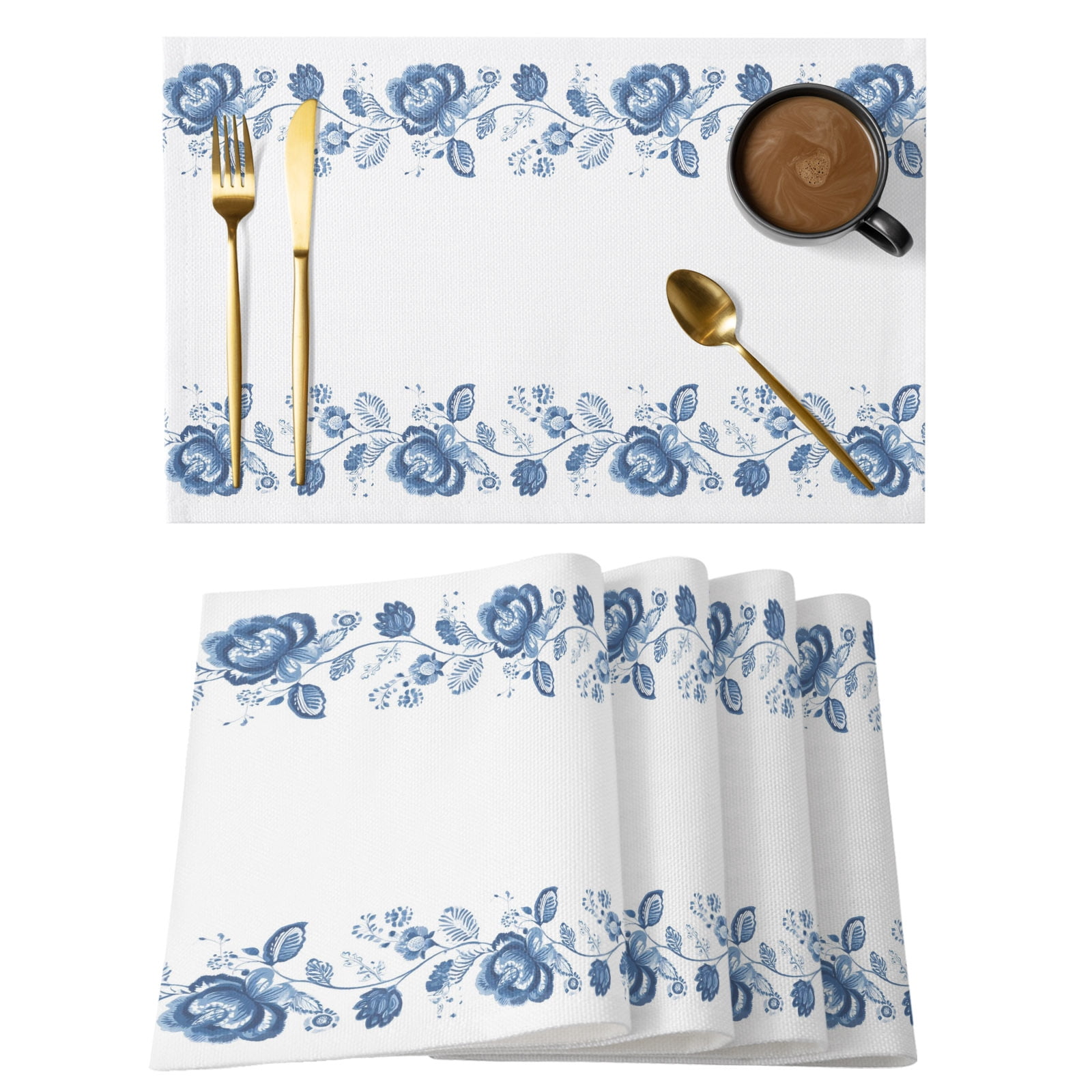 Blue Roses Cotton Linen Placemats Set of 4, Botanical Floral Leaf ...