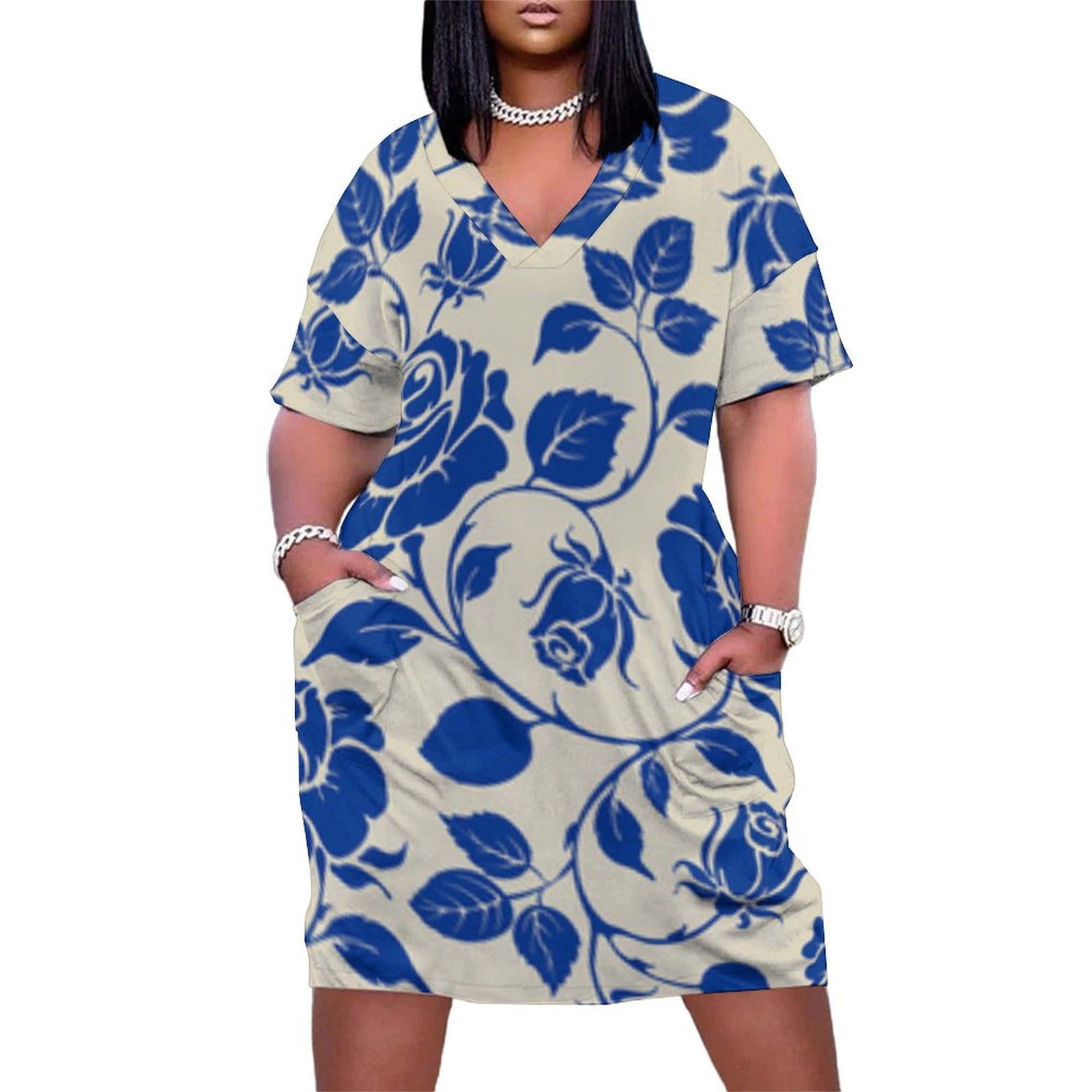 Blue Roses Floral Cream Background Summer Sundress for Curve Women Casual Pattern Plus Size V ...