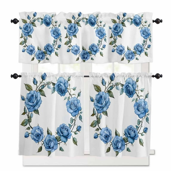 Blue Roses Kitchen Curtains Valances and Tiers Set of 3 Spring Floral ...