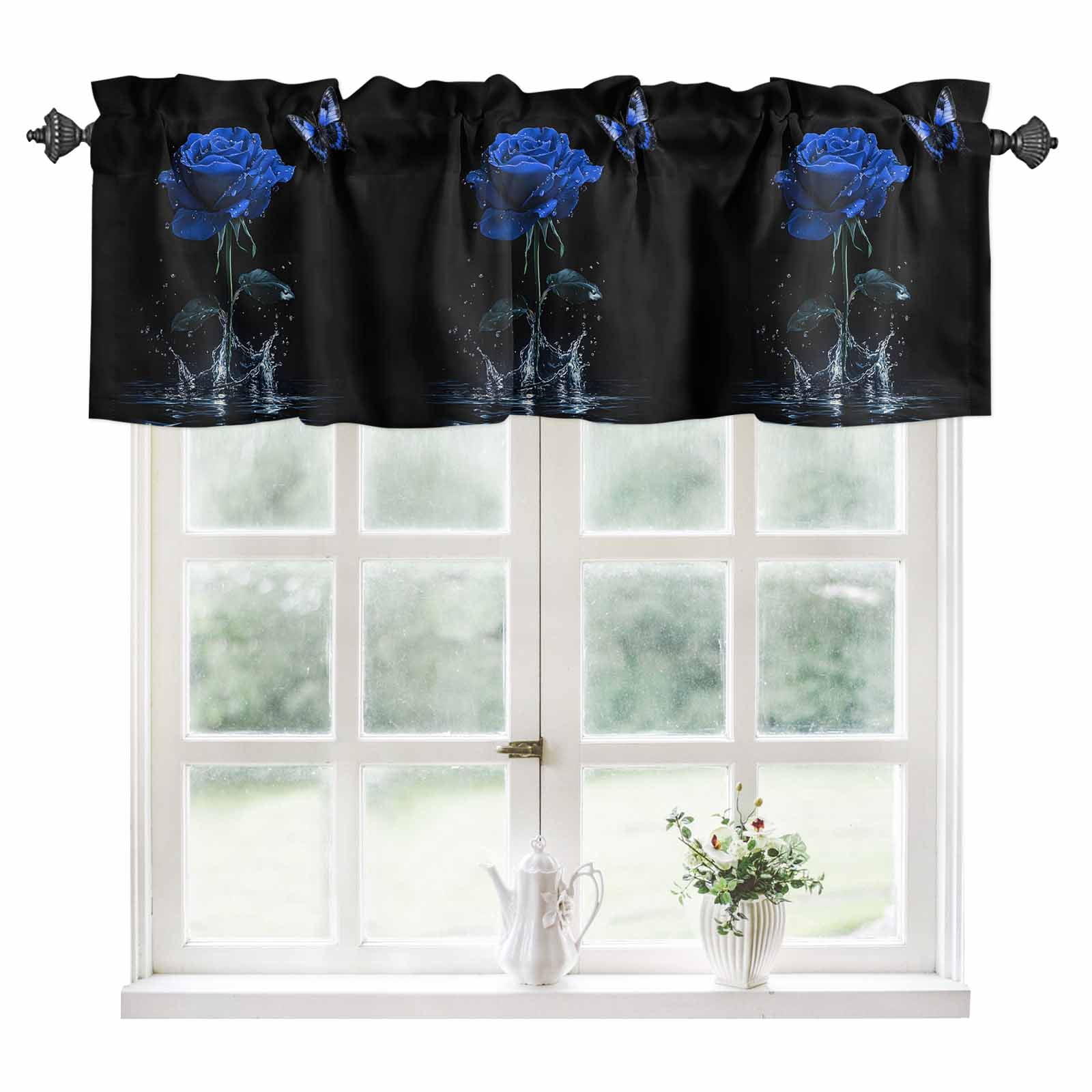 Blue Roses Kitchen Valances for Windows 60x18 Inch Kitchen Curtains ...