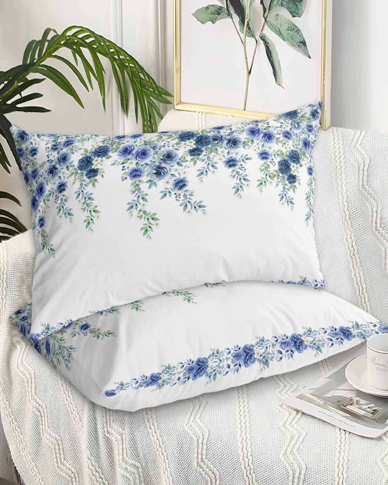 Blue Roses Pillow Cases Standard Size Set of 2 - Microfiber Bed Throw ...