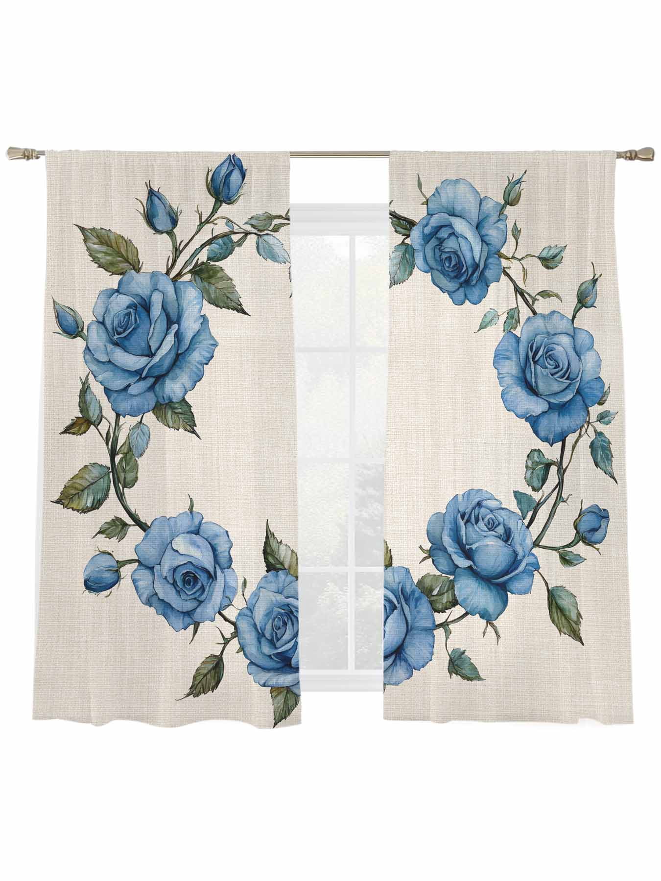 Blue Roses Sheer Curtains 2 Panels Set Spring Floral Wreath Sheer ...