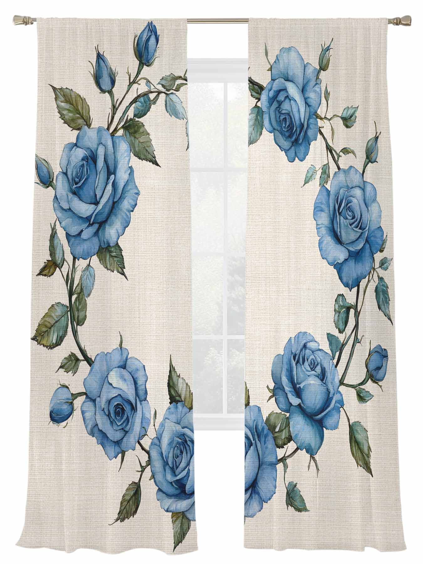 Blue Roses Sheer Curtains 2 Panels Set Spring Floral Wreath Sheer Window Curtains Light ...