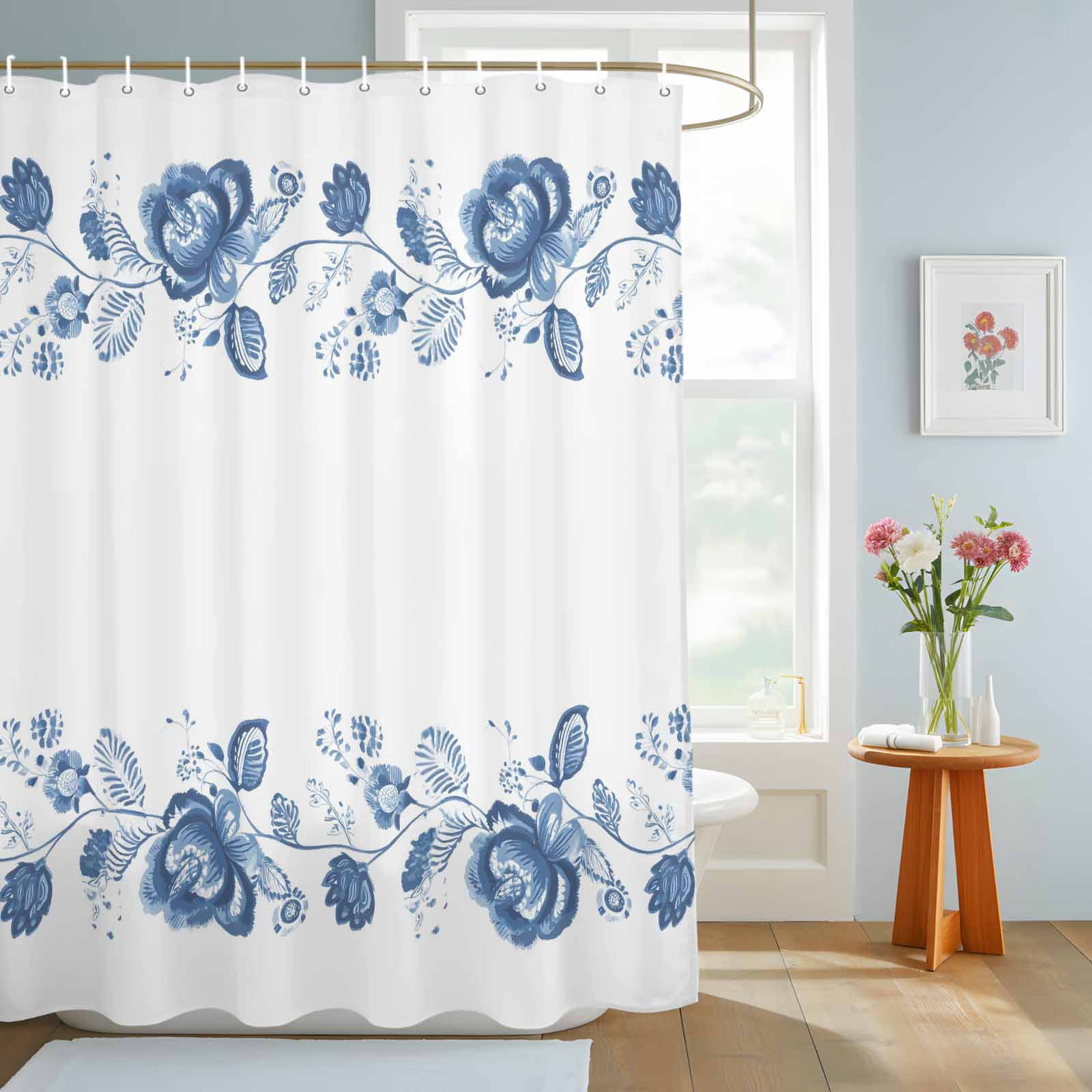 Blue Roses Shower Curtain, Botanical Floral Leaf Vintage Waterproof ...