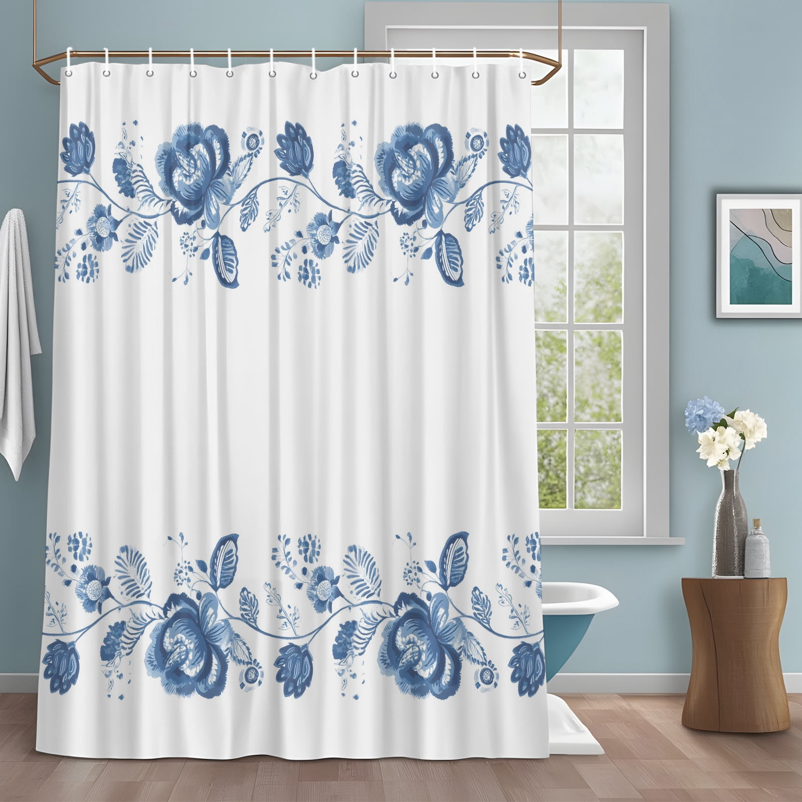 Blue Roses Shower Curtain Set with Hooks, Botanical Floral Leaf Vintage ...